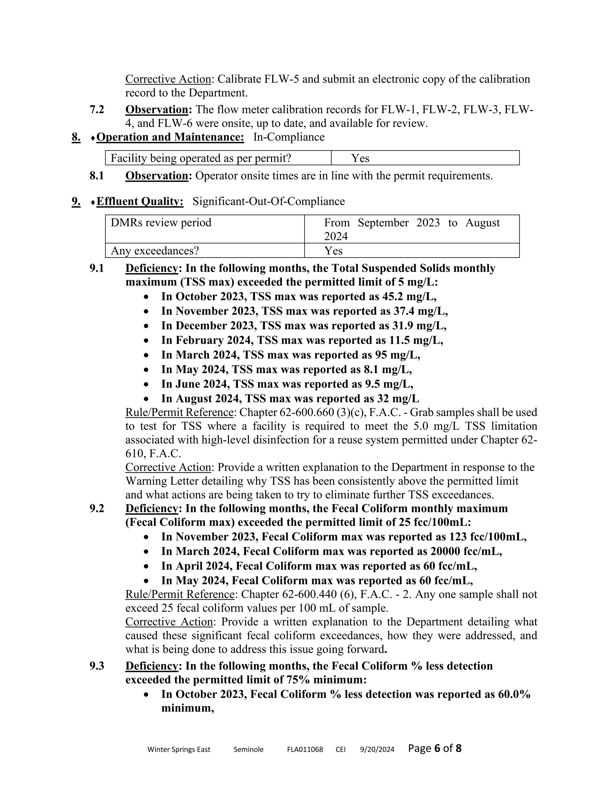 Florida DEP Warning Letter to Winter Springs East WRF: Compliance ...