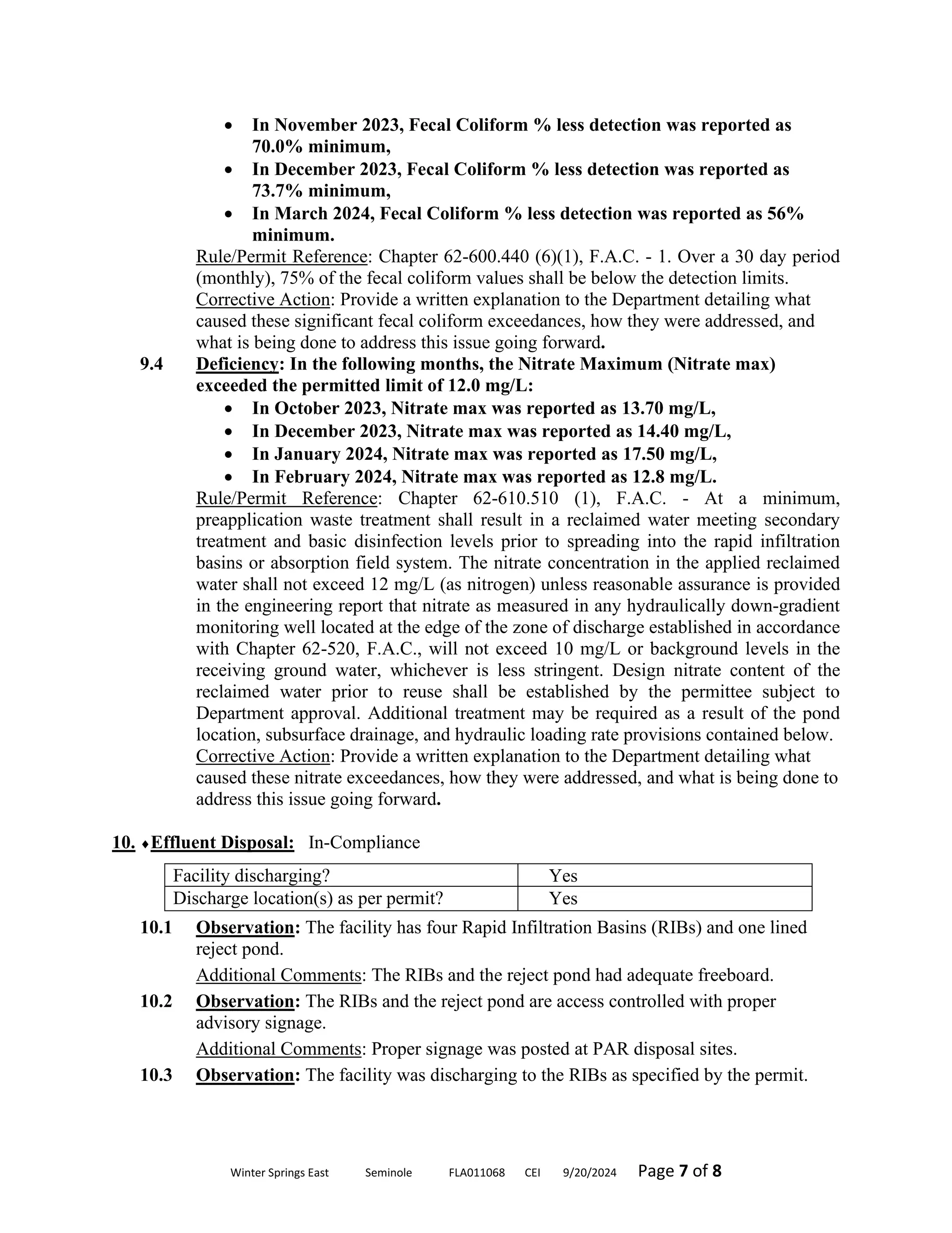 Florida DEP Warning Letter to Winter Springs East WRF: Compliance ...