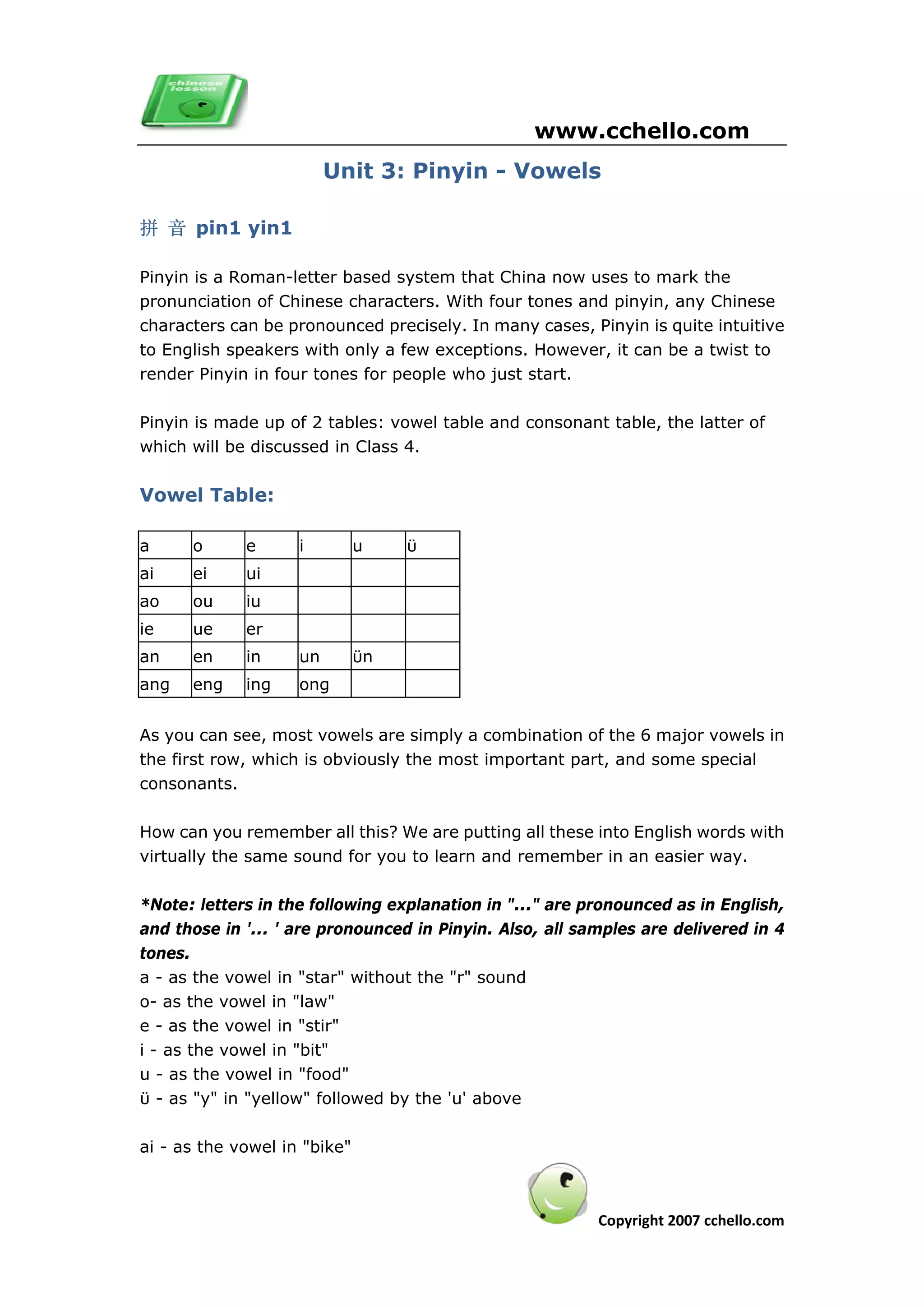 Easy Chinese Pinyin - Vowels | PDF