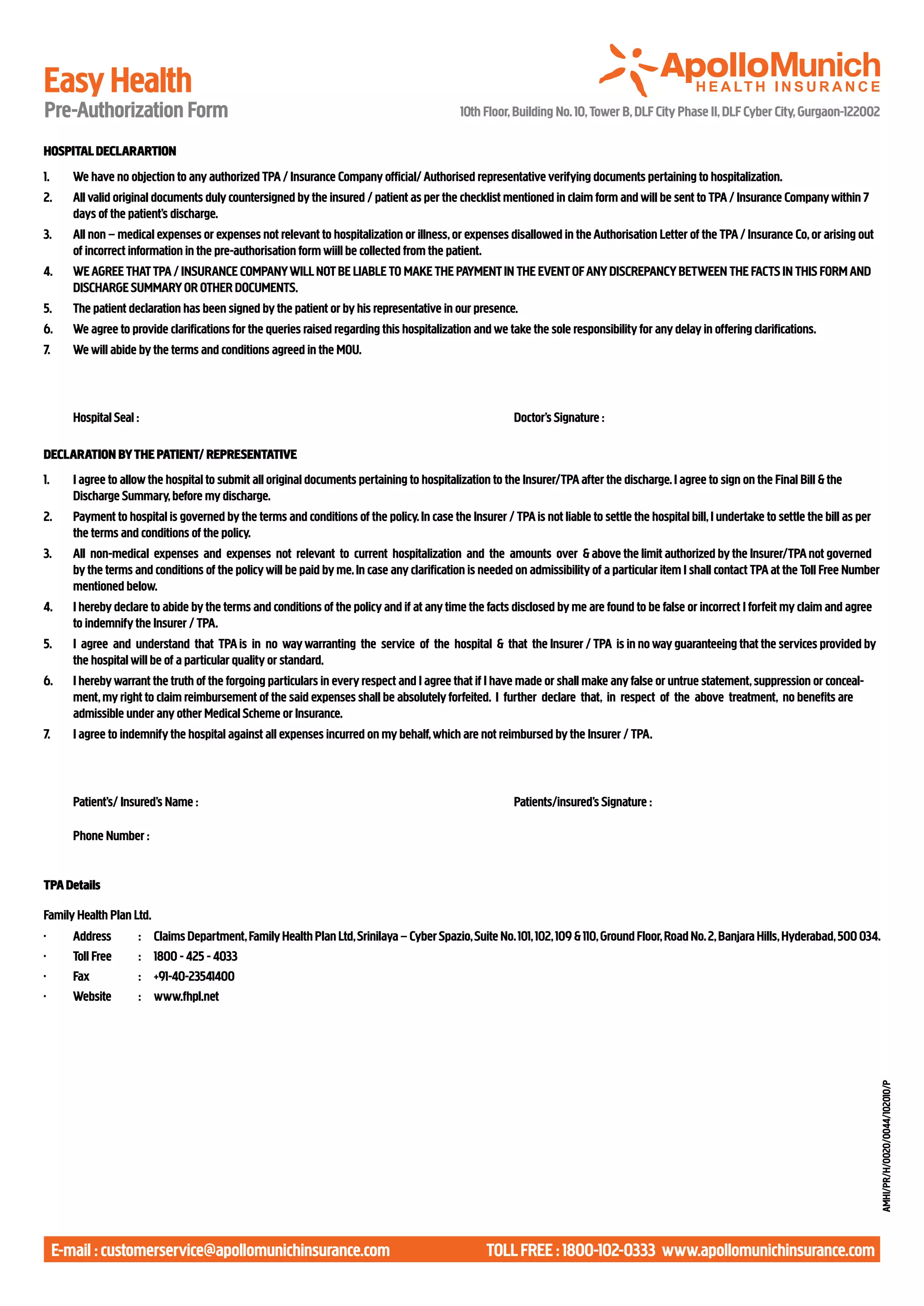 Apollo Munich Easy Health Insurance Pre Authorization Form | PDF