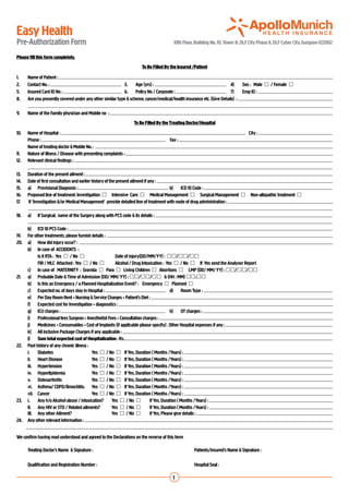 Apollo Munich Easy Health Insurance Pre Authorization Form | PDF