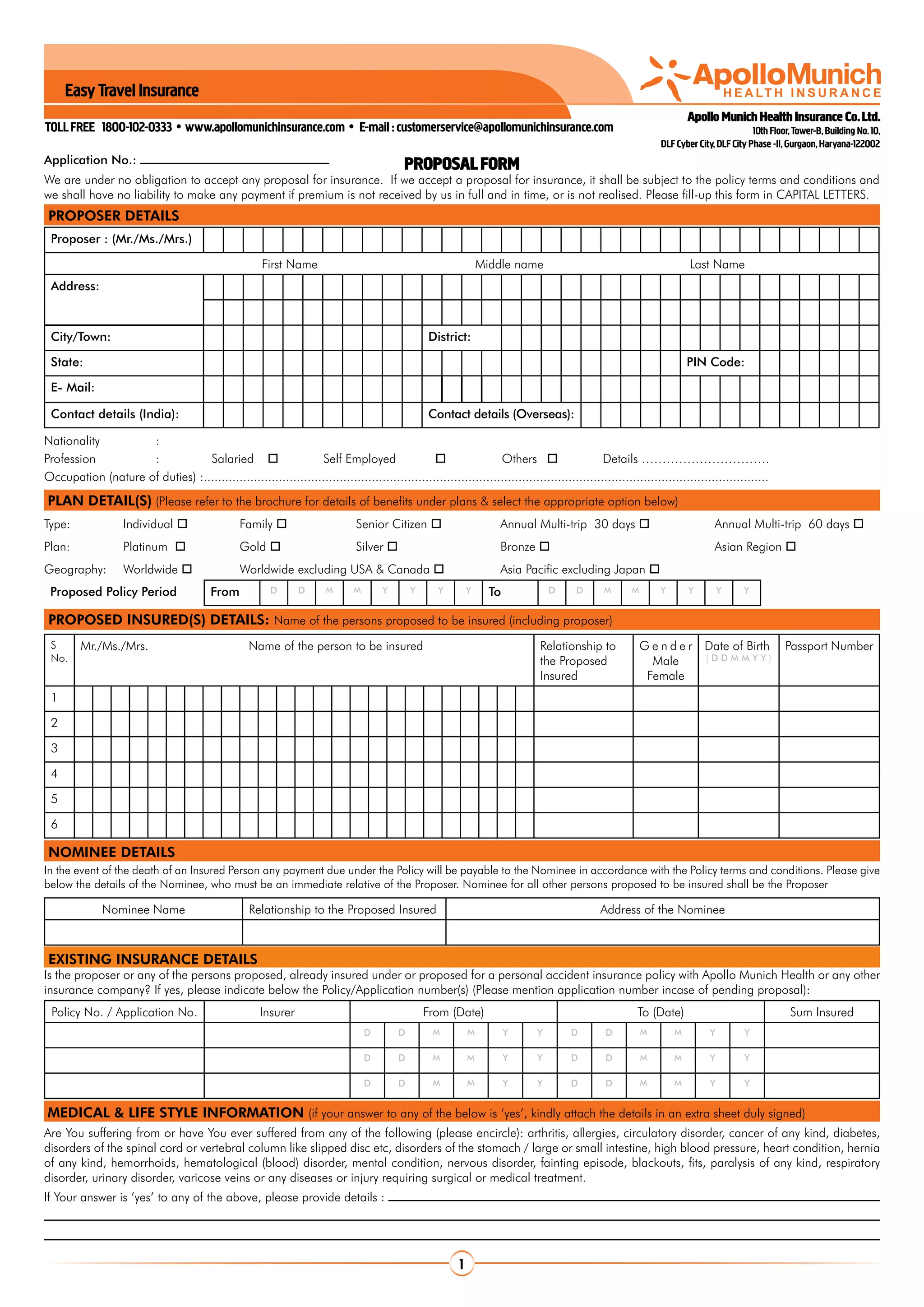 Apollo Munich Easy Travel Insurance Proposal Form | PDF