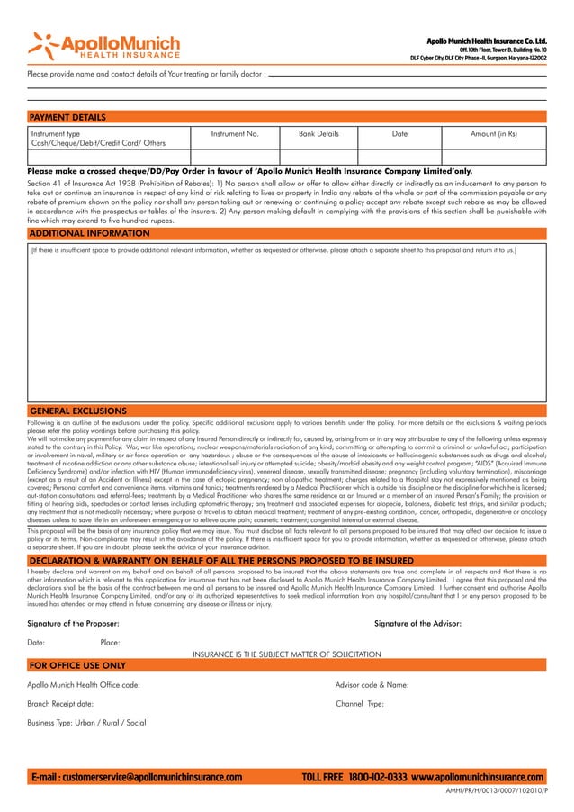 Apollo Munich Easy Travel Insurance Proposal Form | PDF