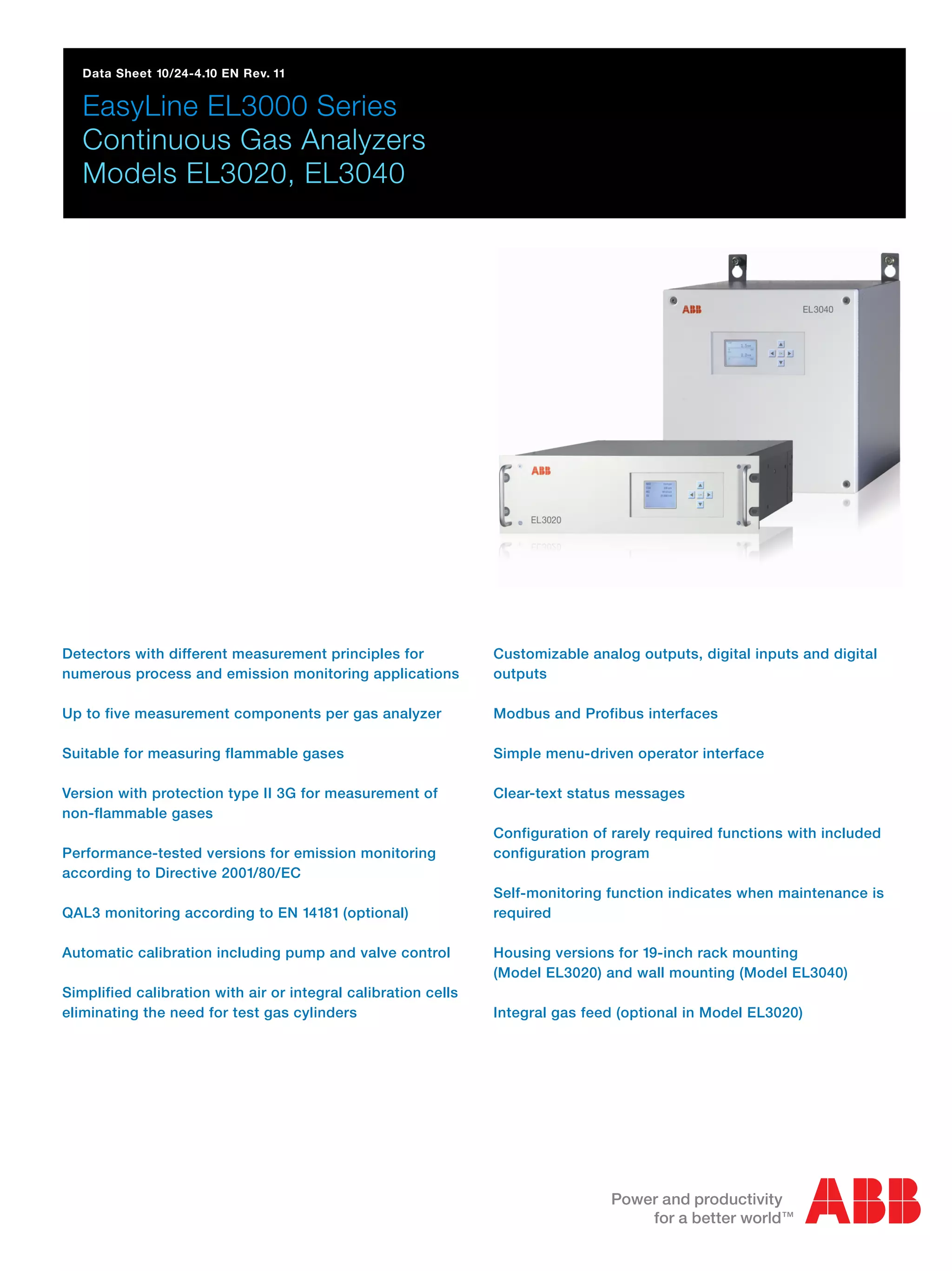 Easy line EL3000 series ABB CEMS Datasheet-continuous gas analyzers | PDF