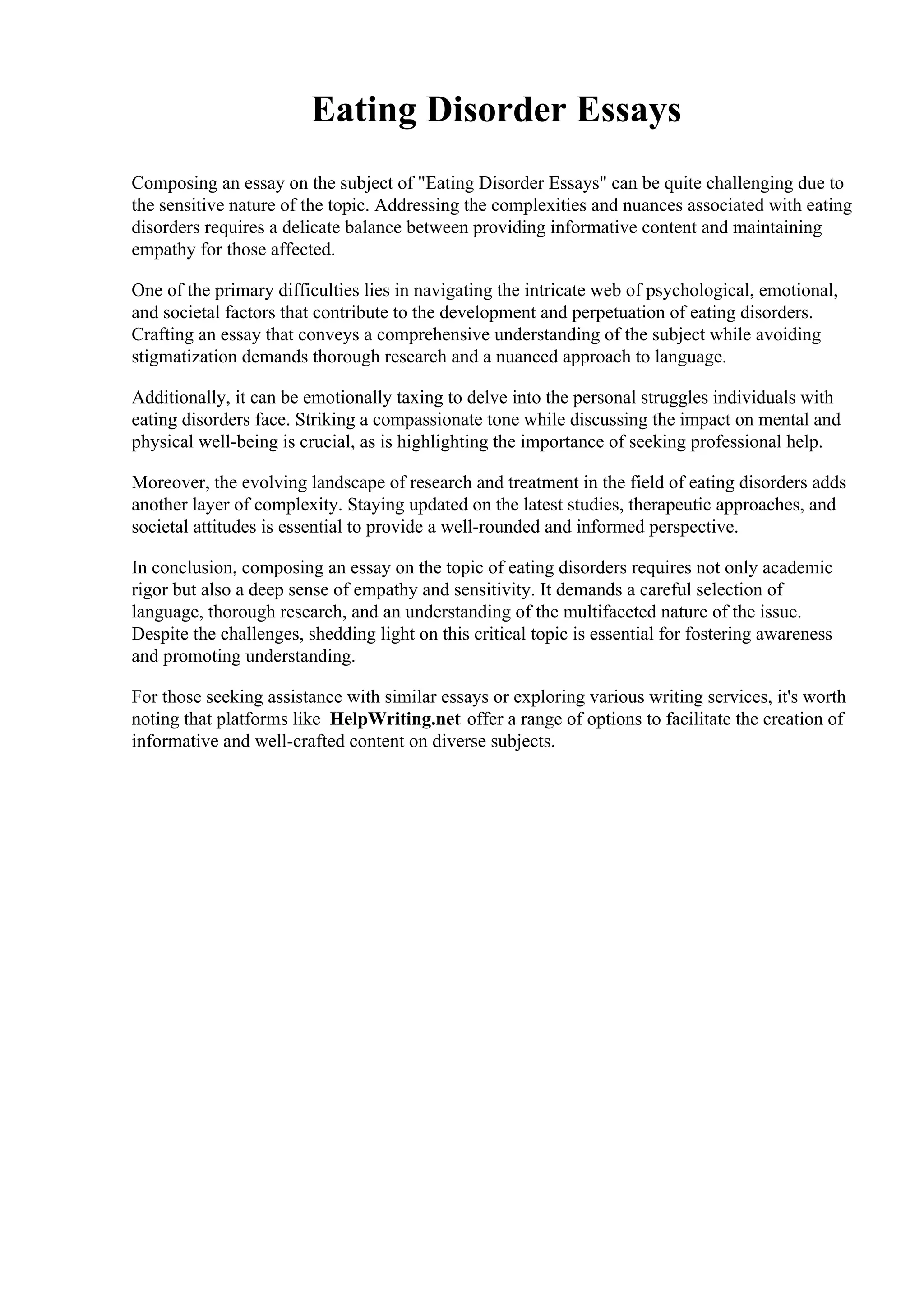 Eating Disorder Essays. Gwynedd Mercy University | PDF