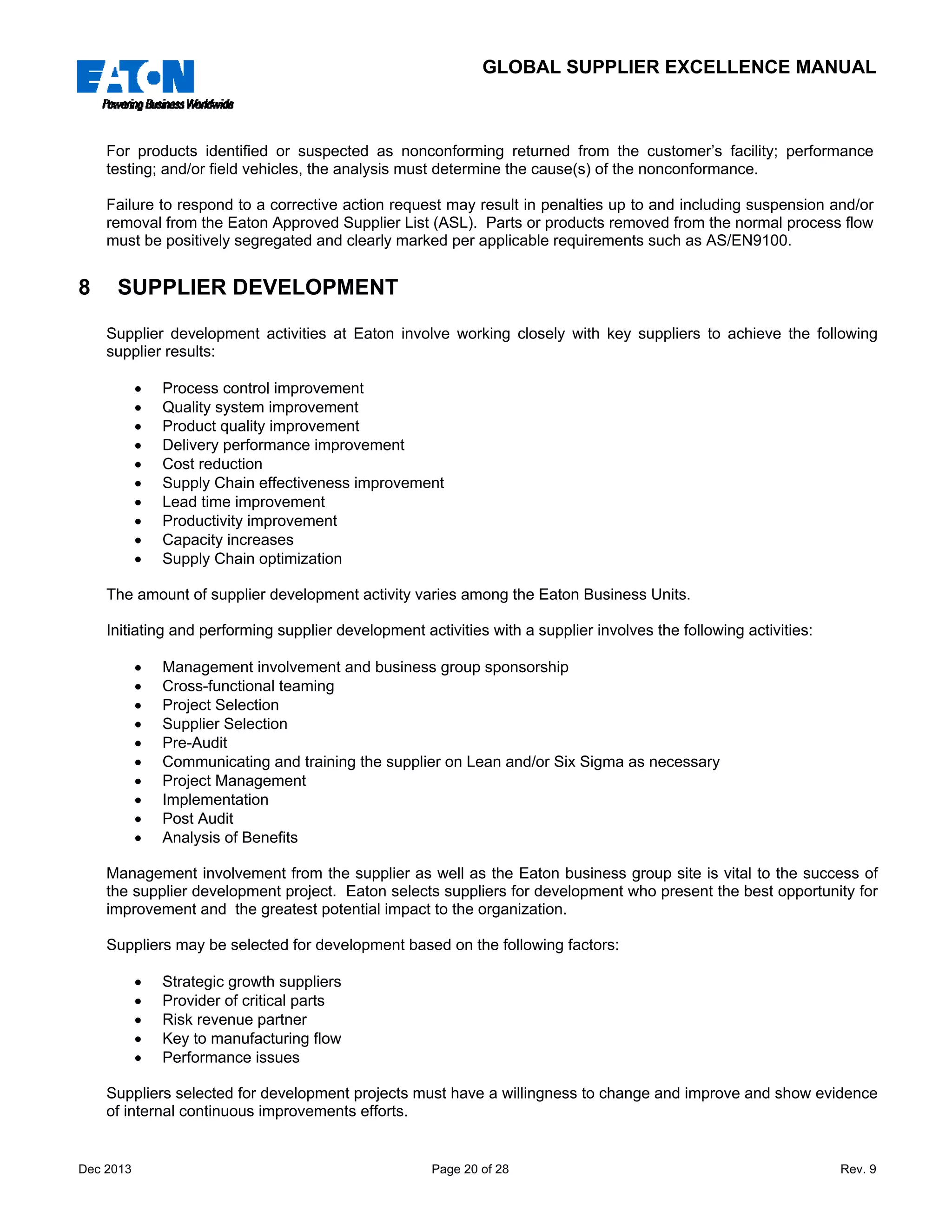 Eaton supplier excellence manual 12152013 | PDF
