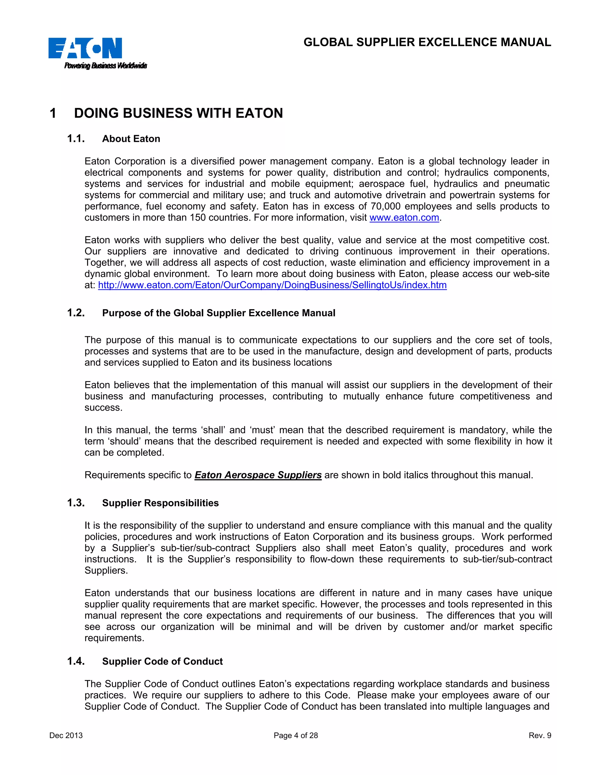 Eaton supplier excellence manual 12152013 | PDF