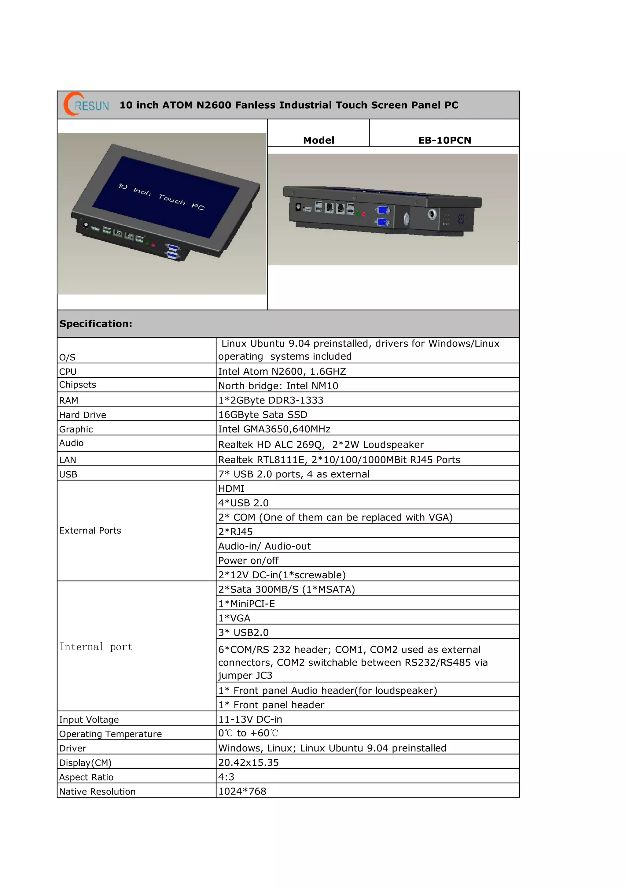 10 inch Intel Atom N2600 Industrial Fanless Touch Screen Panel PC (EB-10PCN) | PDF | Consumer ...