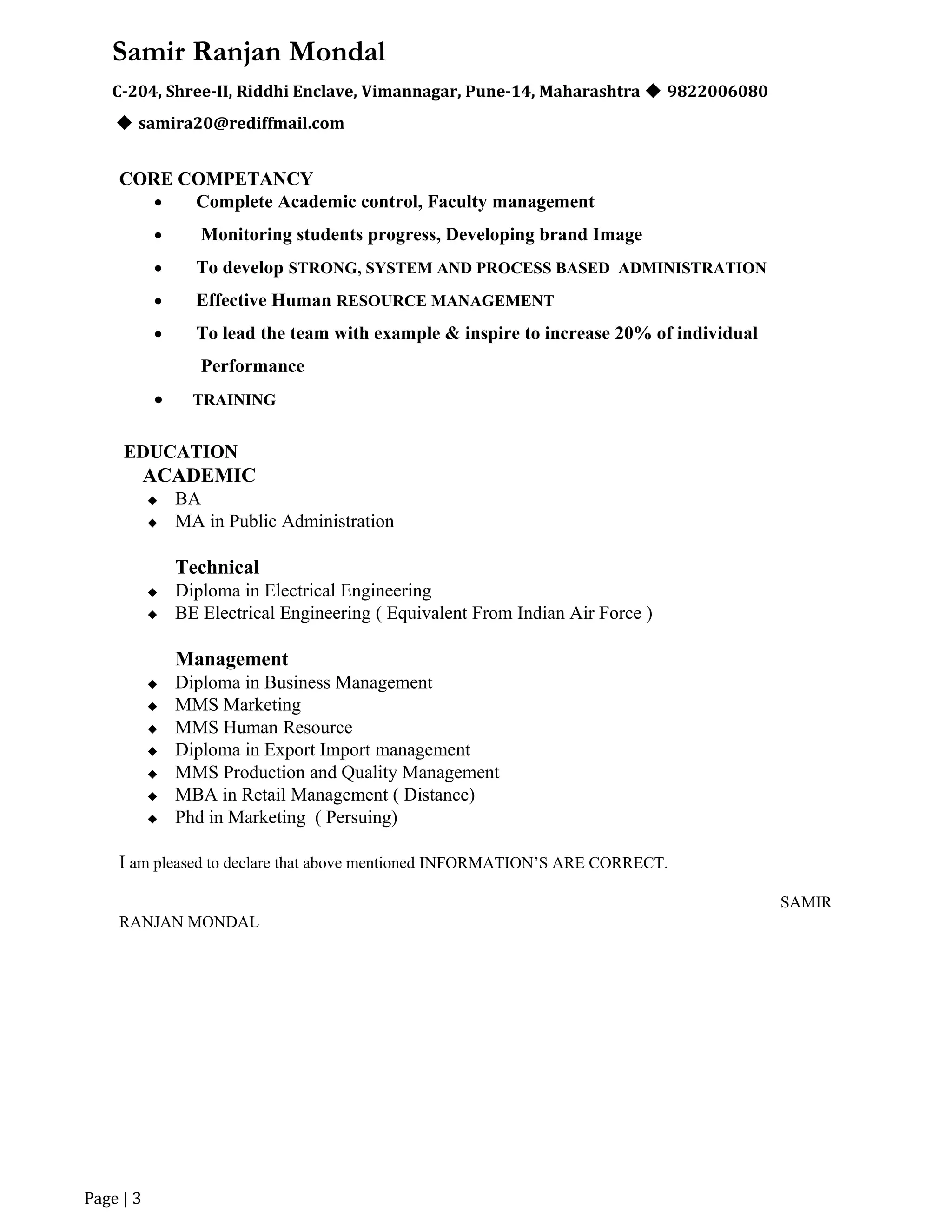 Resume of Samir Mondal | DOC | Professional School | Postgraduate Education