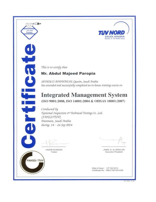 Certificate of ISO IMS Internal Auditing | DOCX