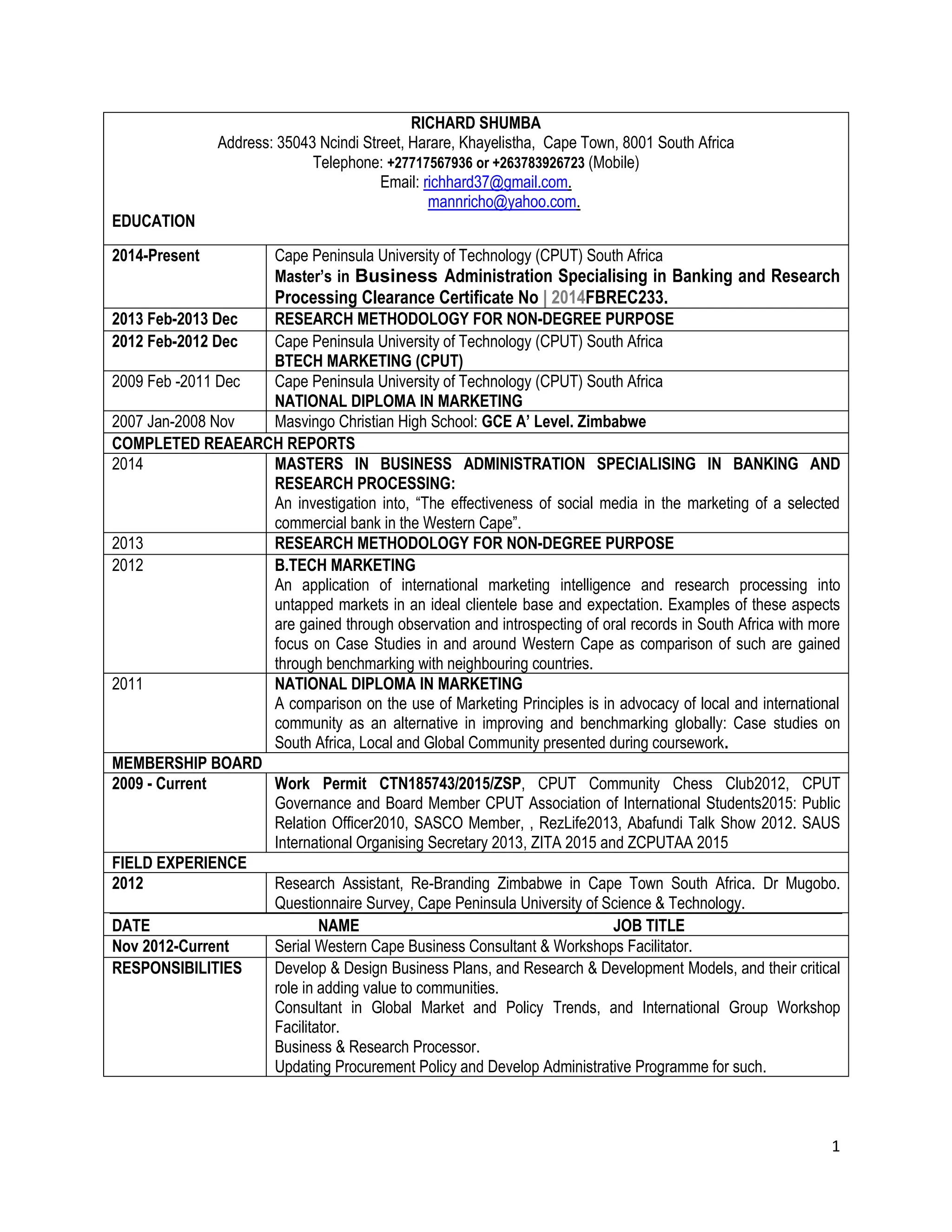 CV 2015-RichHard SHUMBA | PDF
