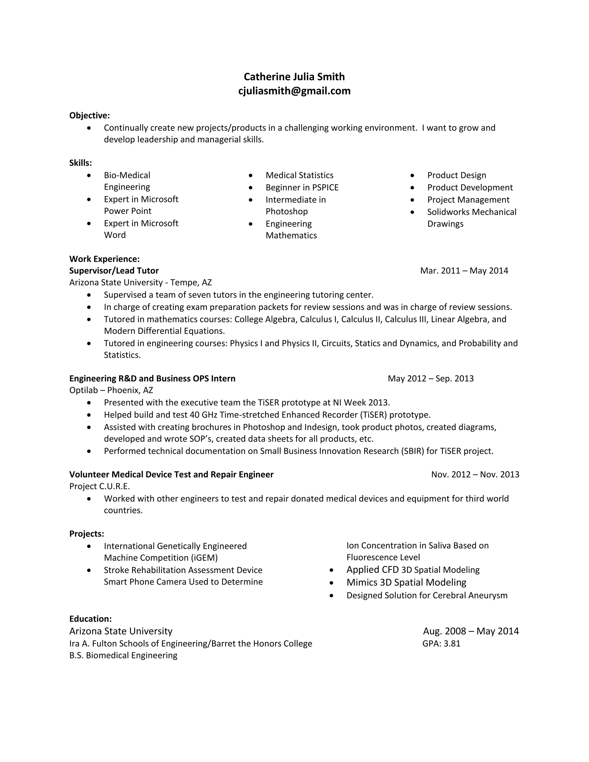 Catherine Julia Smith Resume | PDF