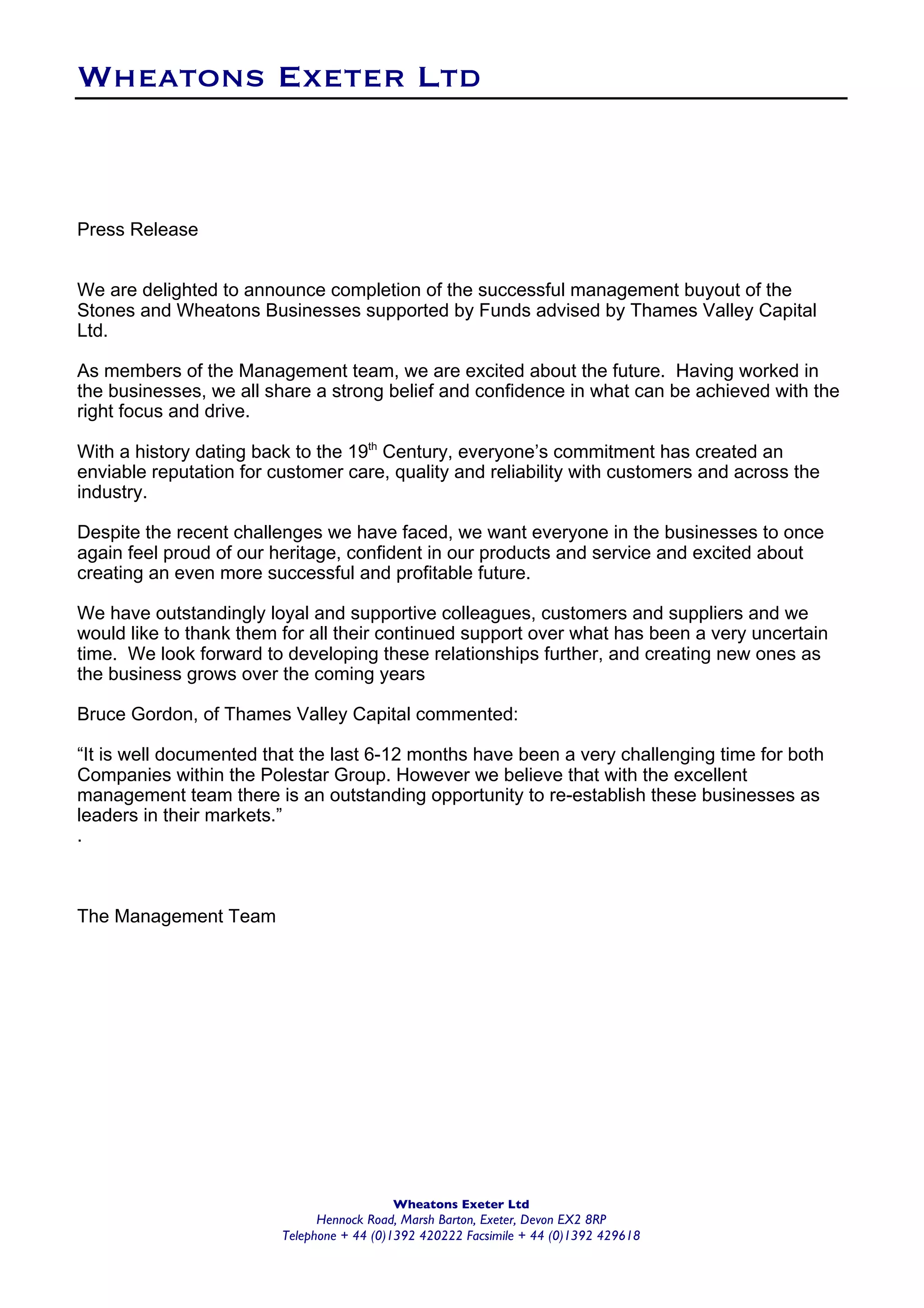 Wheatons Press Release 13-06-16 | PDF