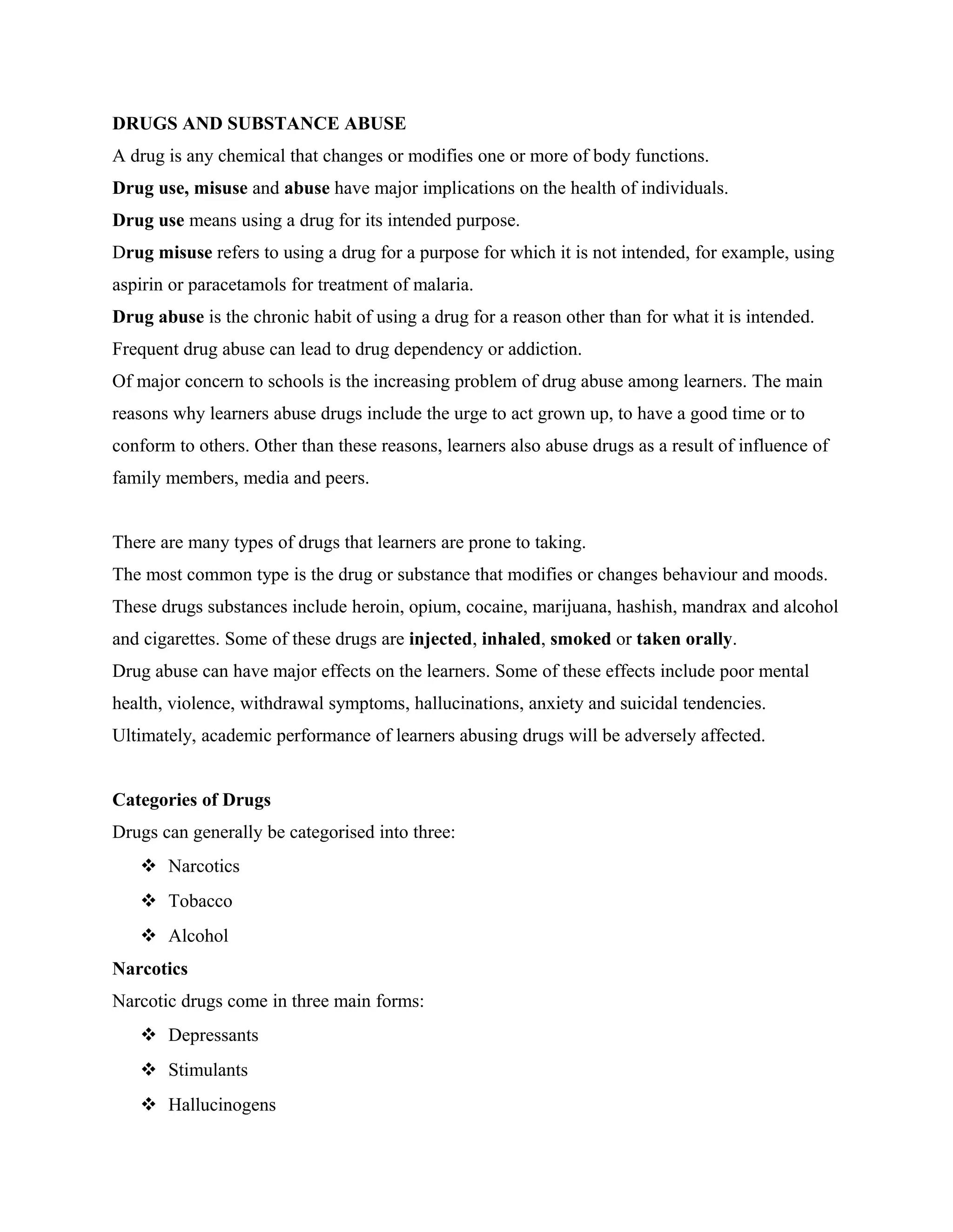 DRUGS AND SUBSTANCE ABUSE SENSITIZATION | DOC