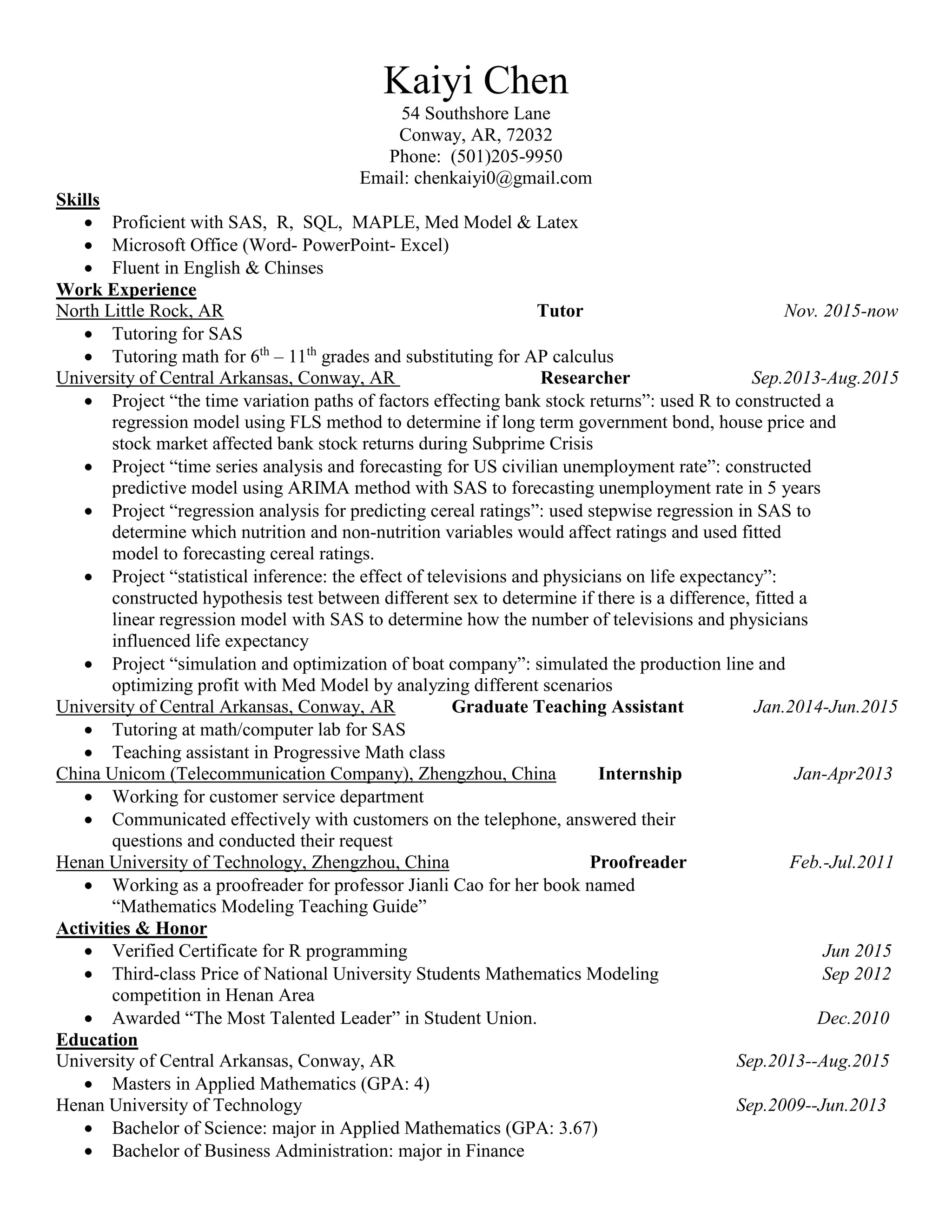 Kaiyi Chen Resume | PDF