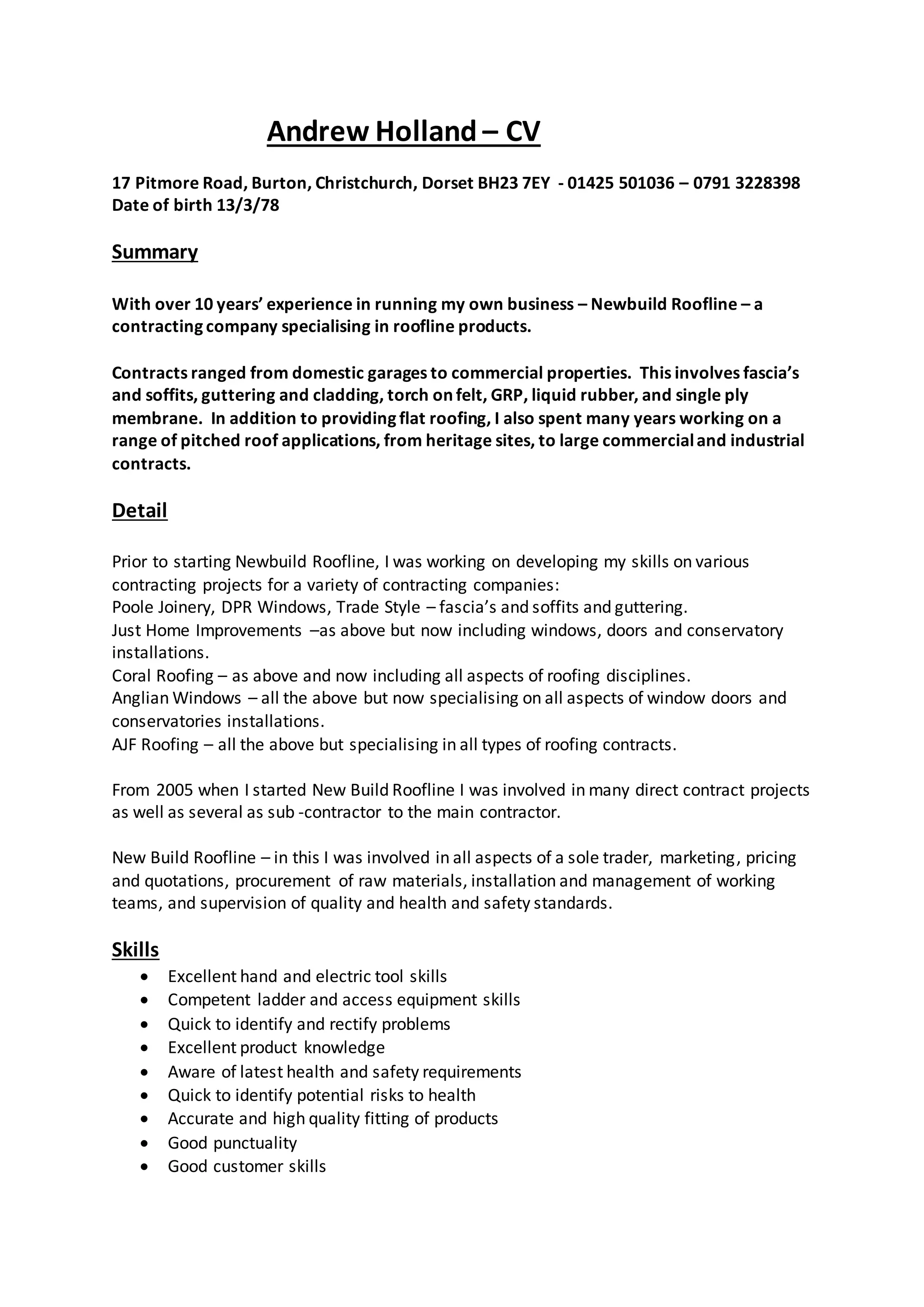 Andrew Holland CV | DOCX