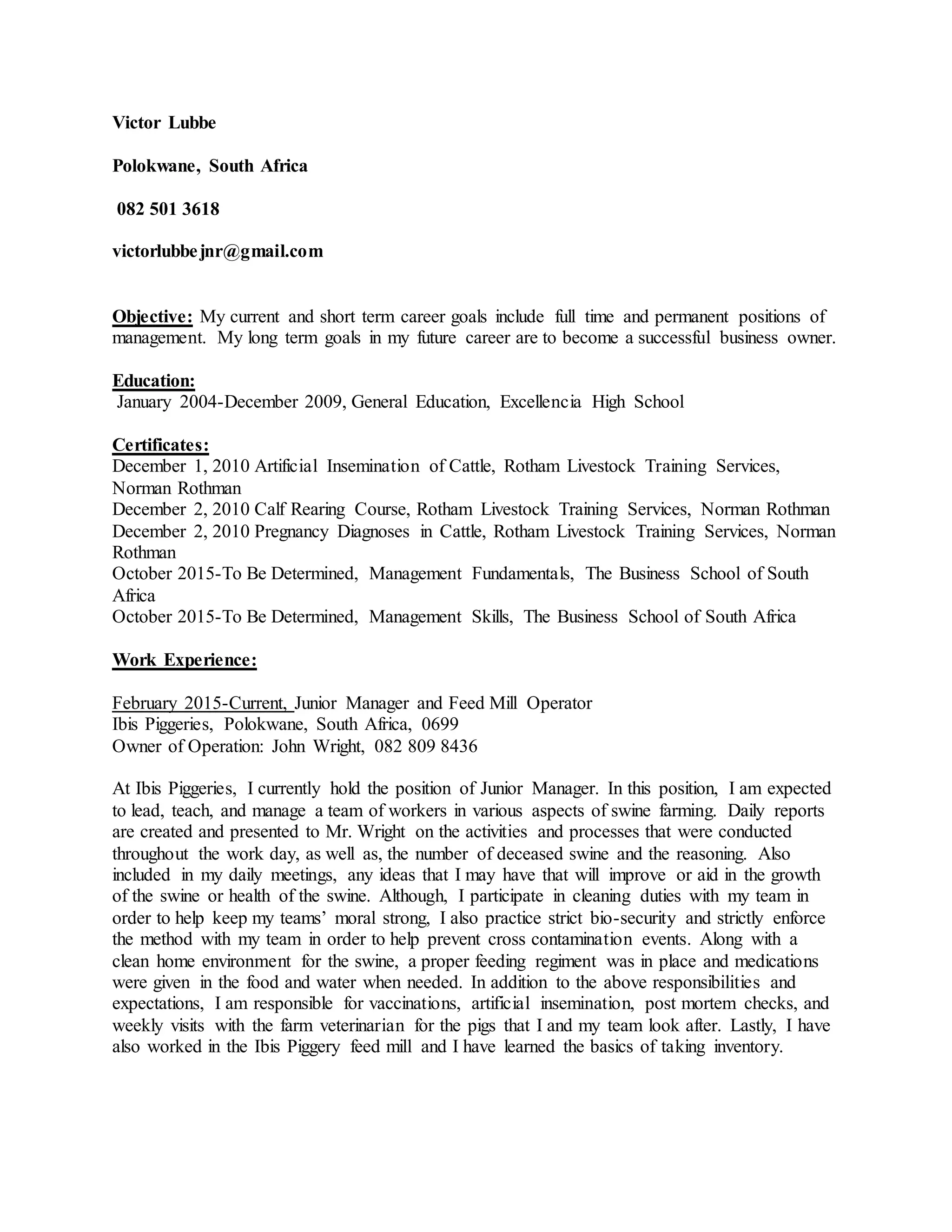 Victor Lubbe Resume | DOCX