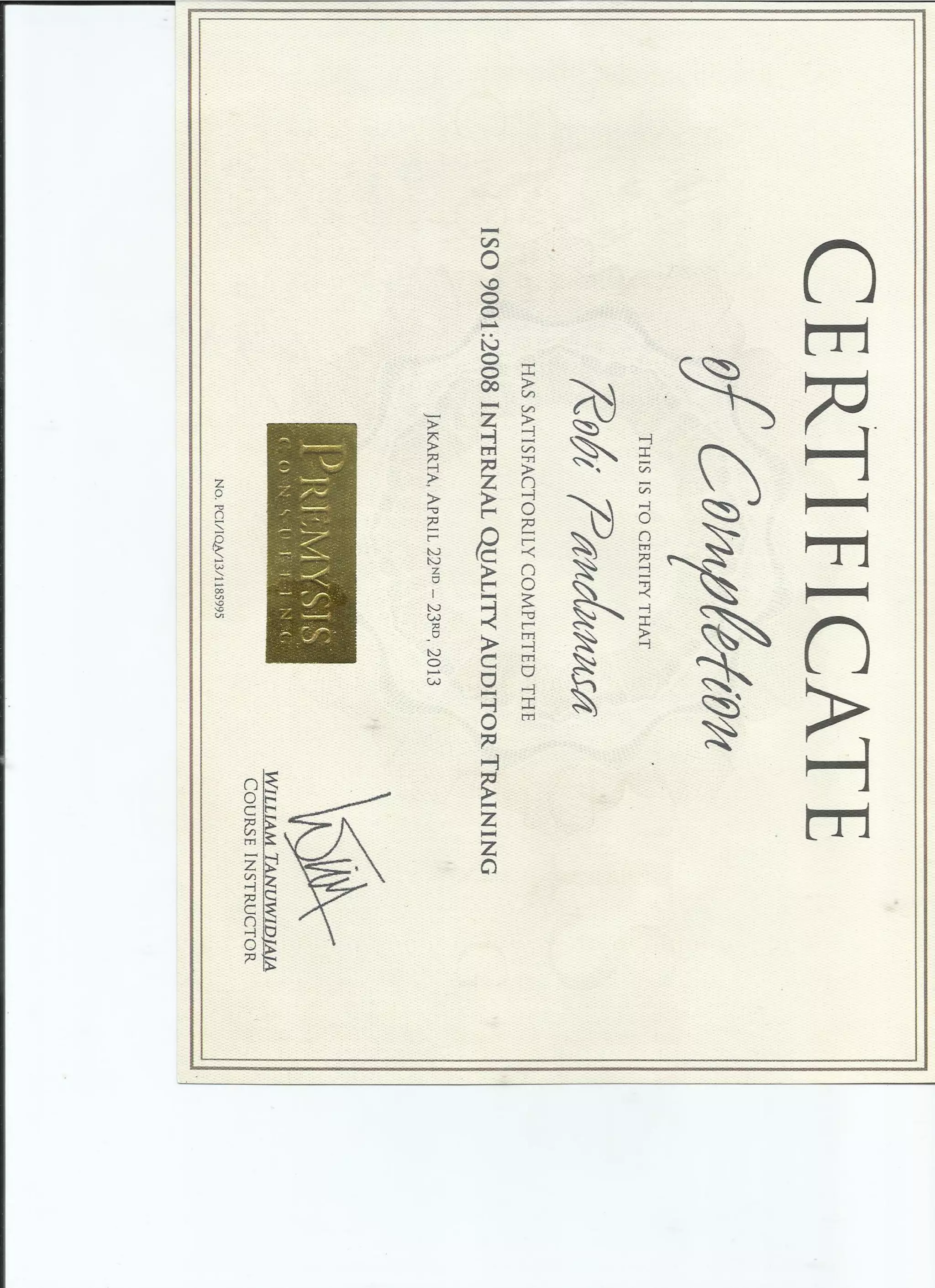 Sertifikat - ISO 9001 (Internal Quality Auditor Training) | PDF