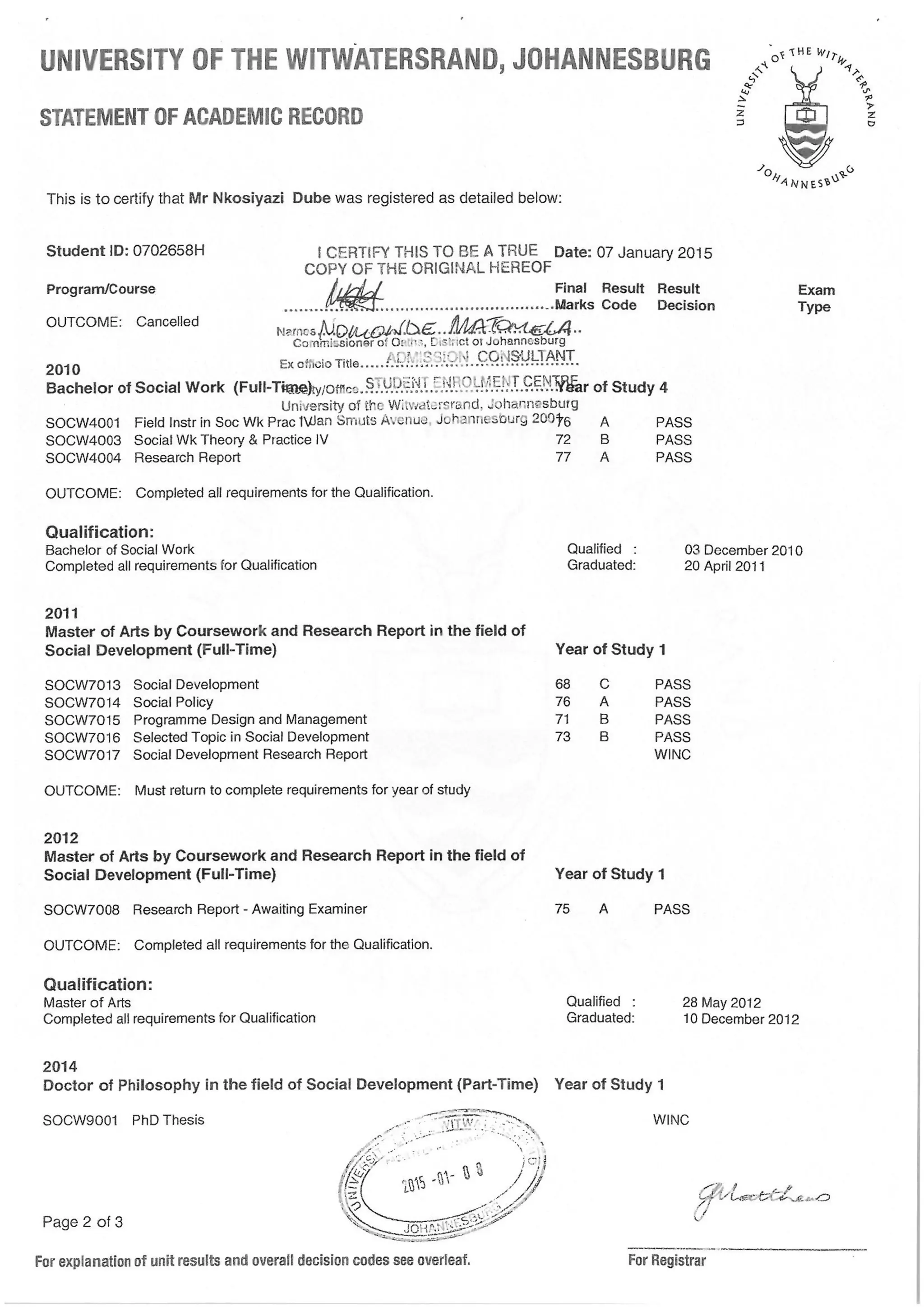 Nkosiyazi Dube's Academic certificates and transcripts | PDF