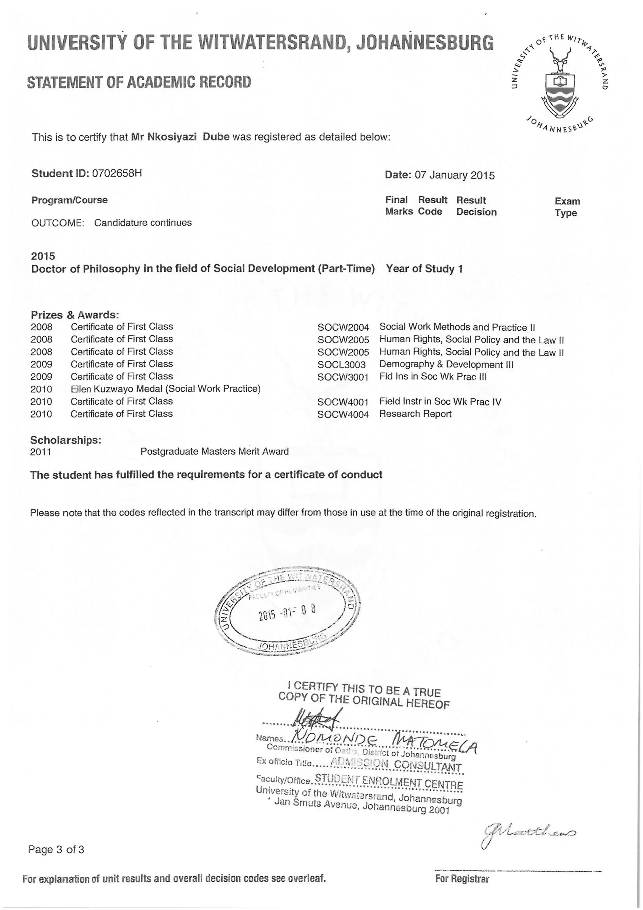 Nkosiyazi Dube's Academic certificates and transcripts | PDF