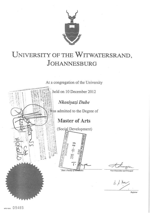 Nkosiyazi Dube's Academic certificates and transcripts | PDF