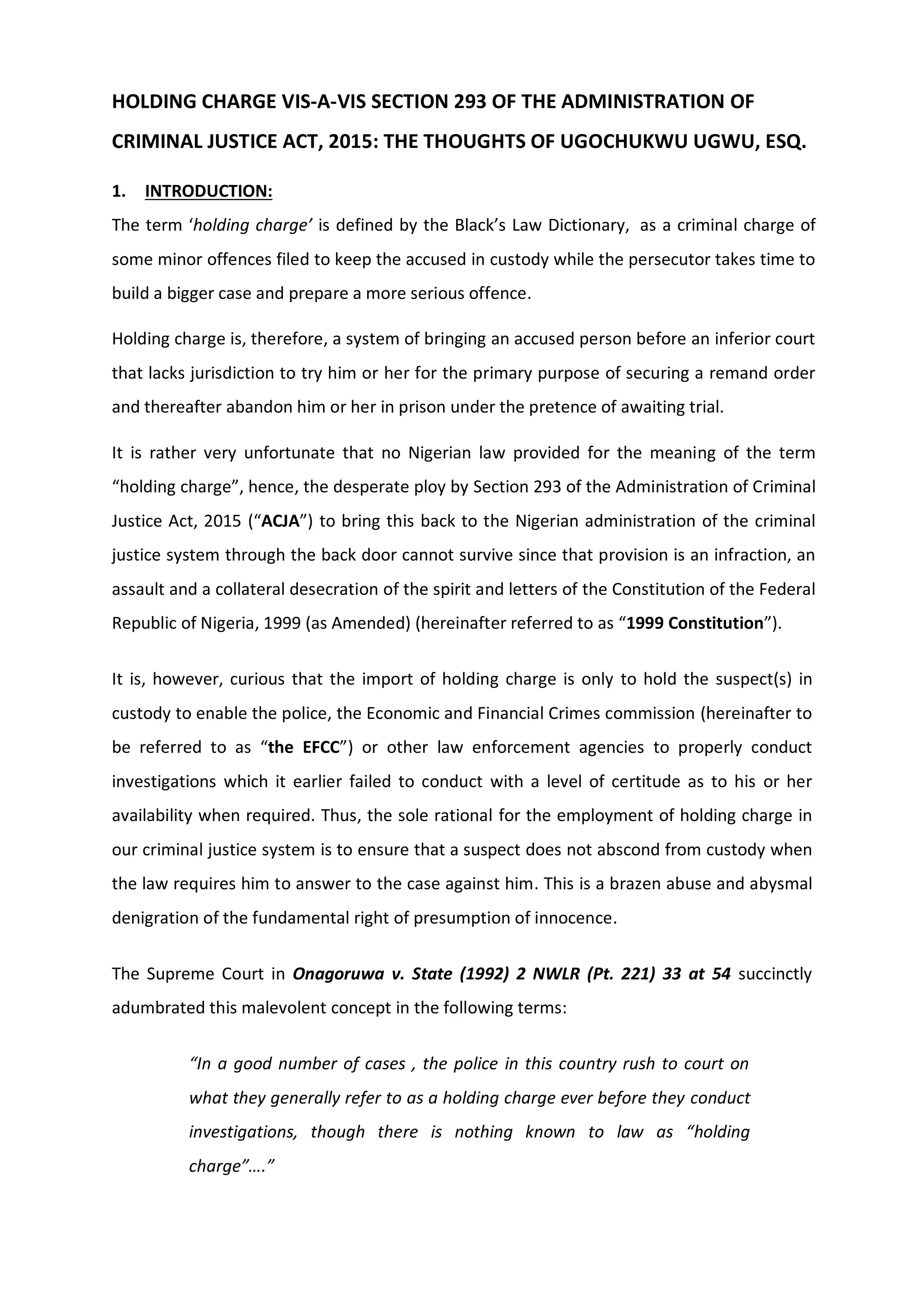 Holding charge vis a vis section 293 of ACJA, the thought of Ugochukwu ...