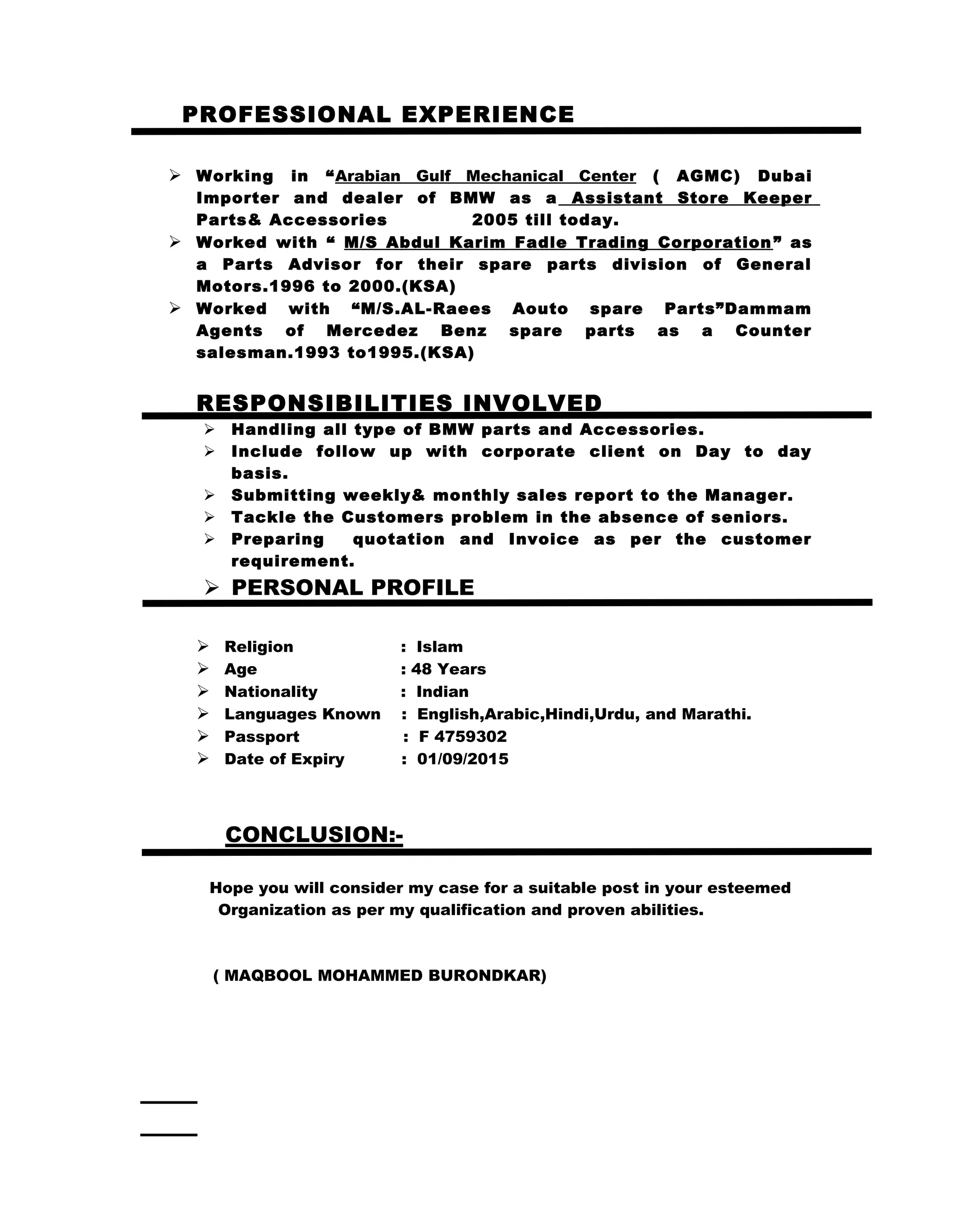 Maqbool cv for Stoorkeeper | DOC