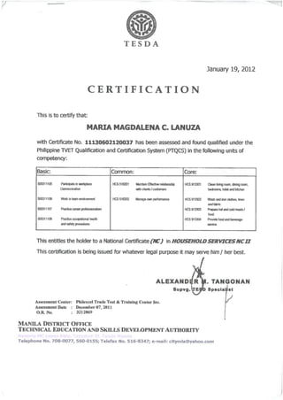 Certificate of Household NC II | PDF