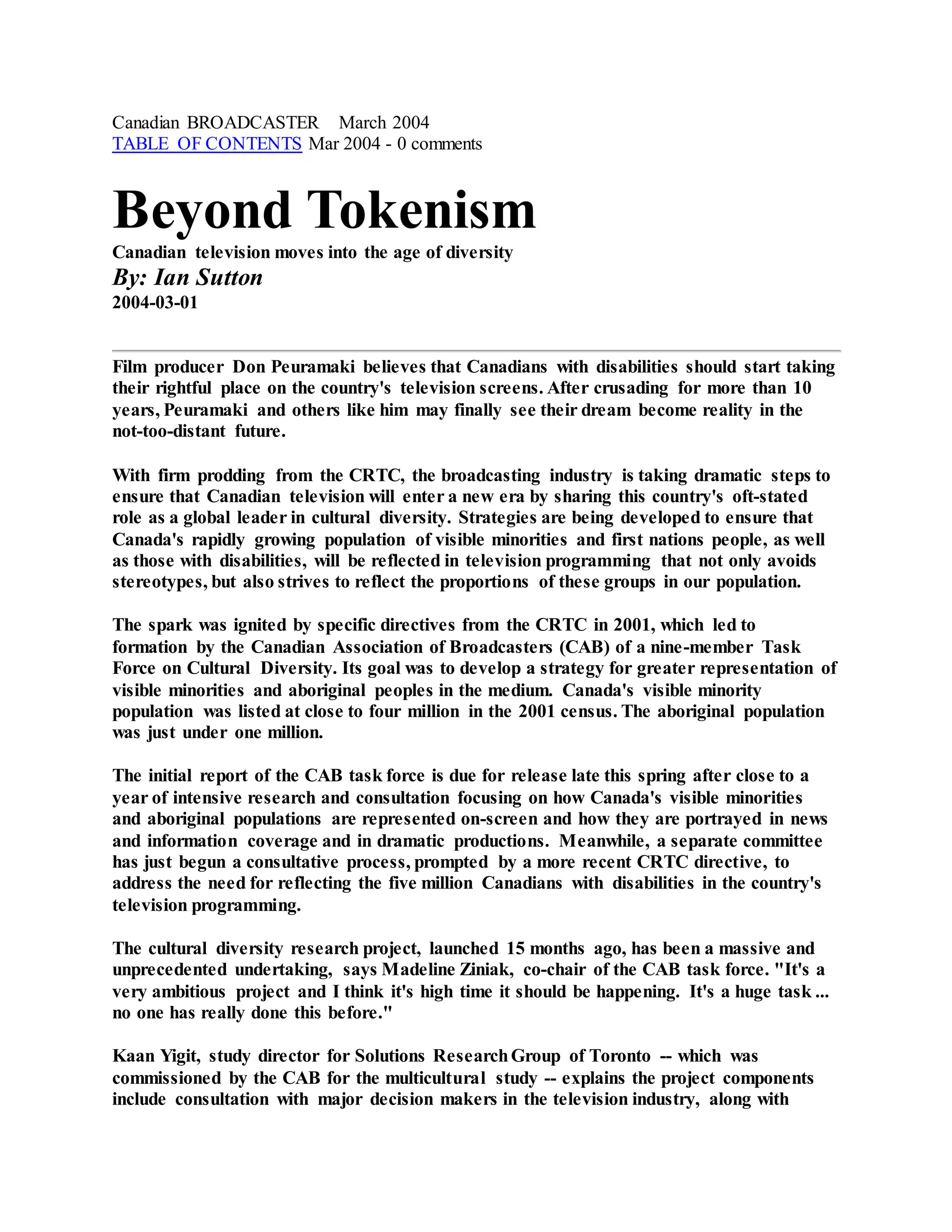 BEYOND TOKENISM - Broadcaster 2004 | PDF