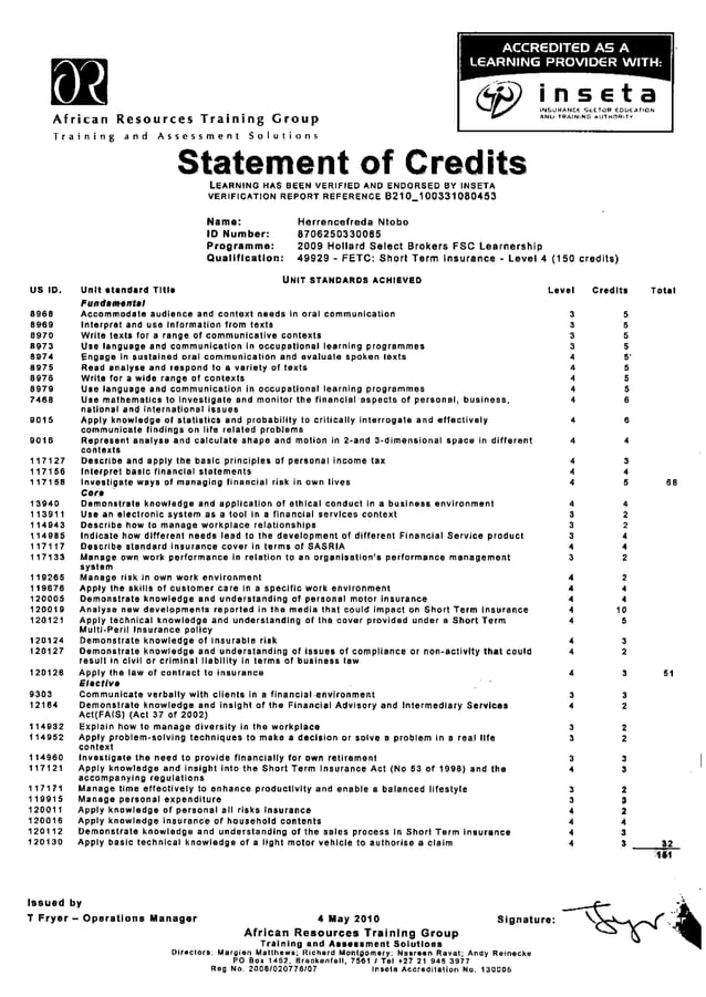 STATEMENT OF CREDITS | PDF