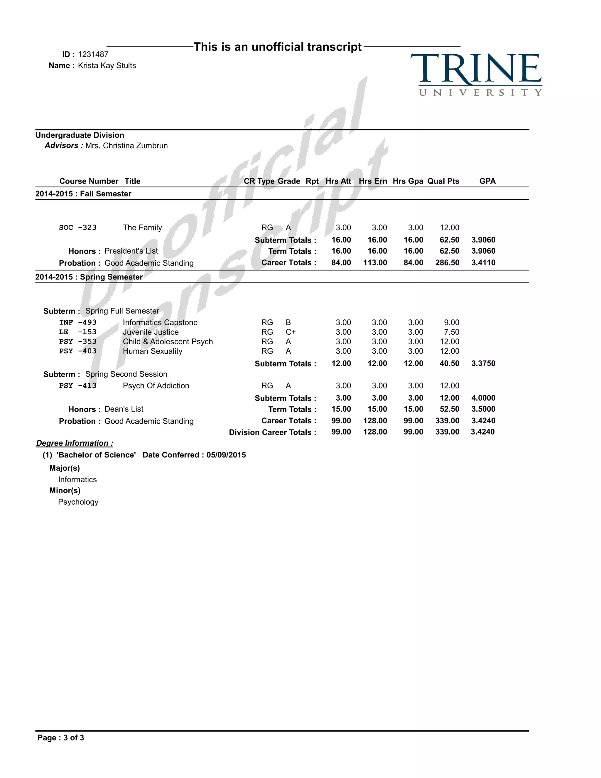 Unofficial Transcript | PDF