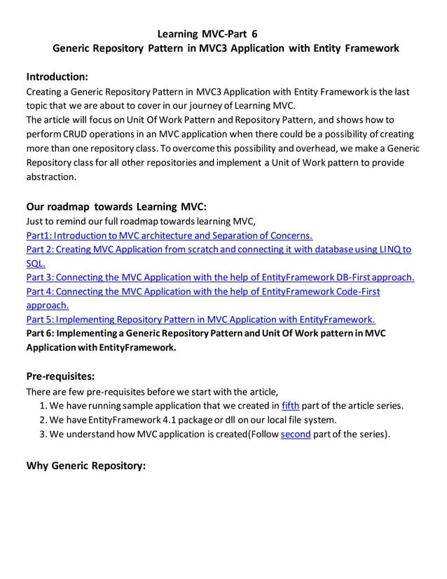 Generic Repository Pattern in MVC3 Application with Entity Framework | PDF