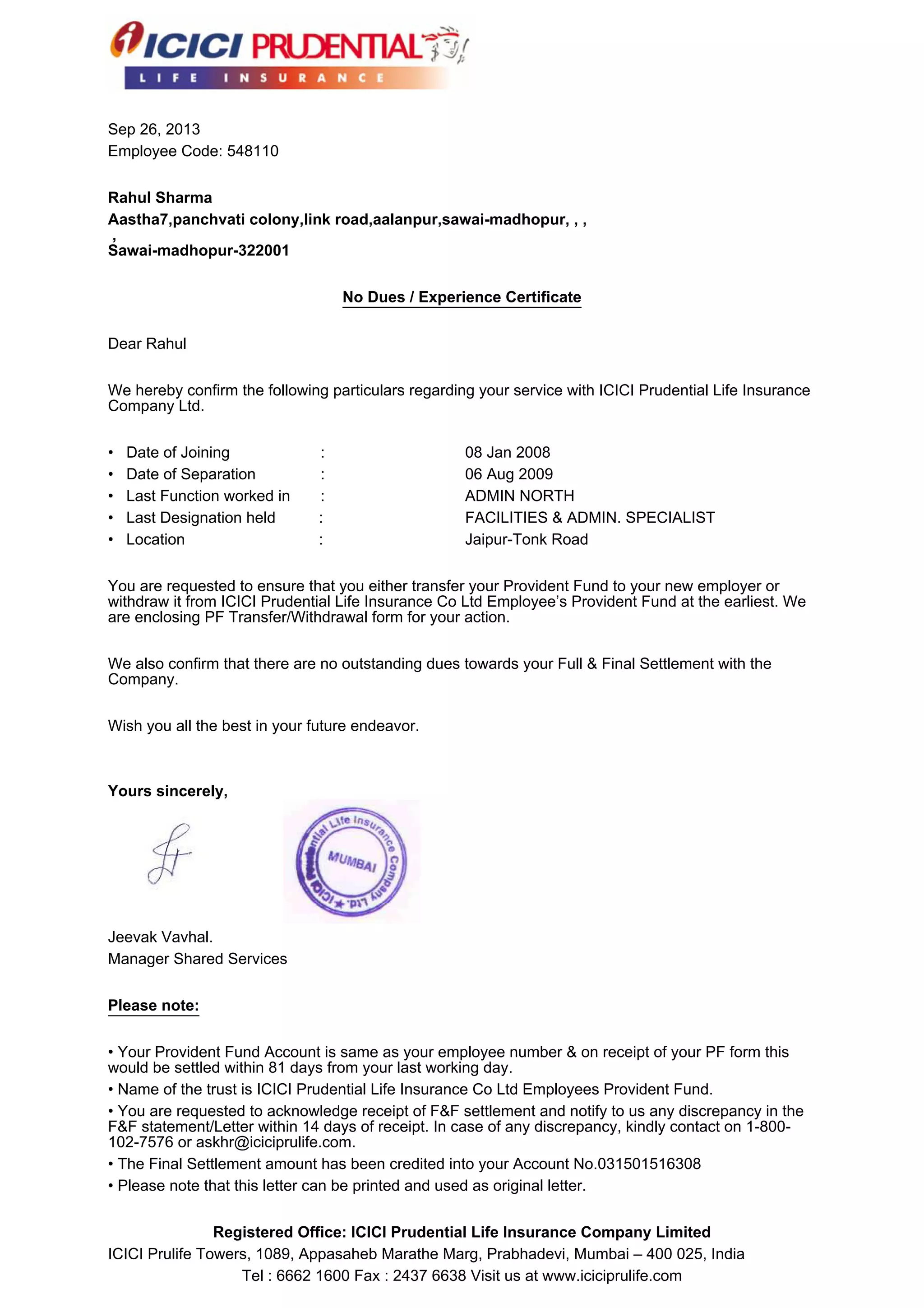 Experience Certificate Ipru | PDF