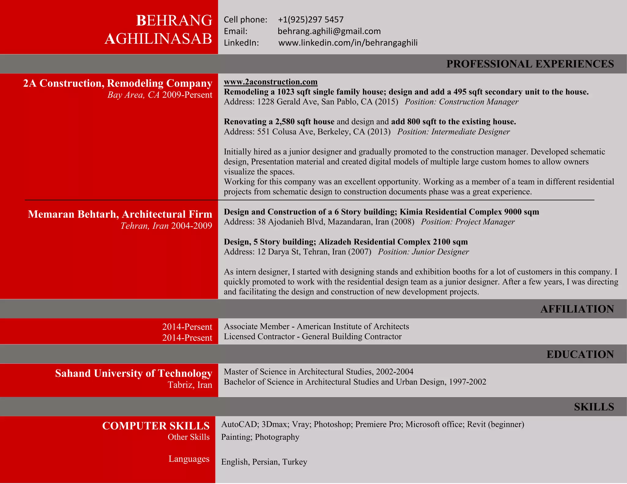 Resume-Portfolio Behrang Aghilinasabe-US 2016 | PDF | Construction Industry | Industries