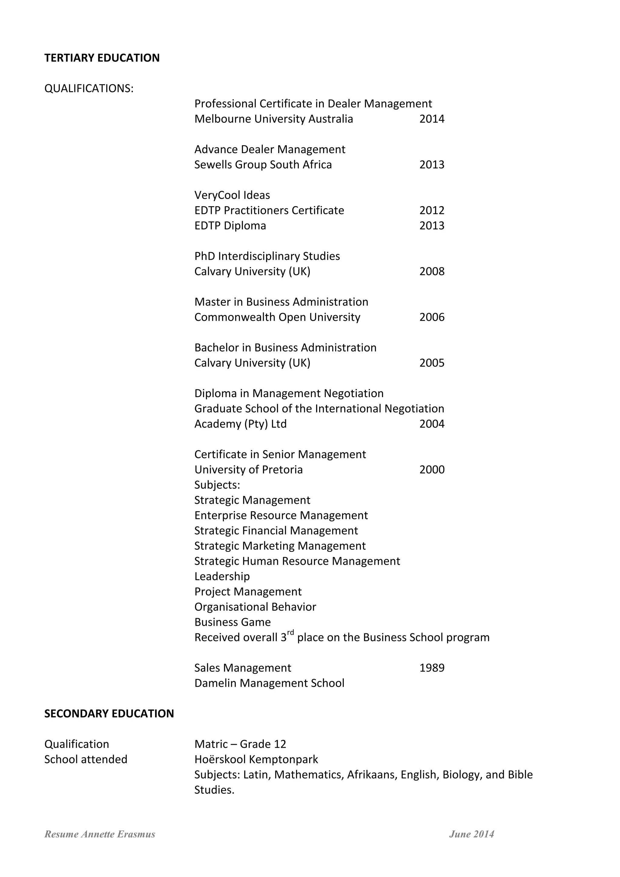 Resume A Erasmus Dec 2014 | PDF