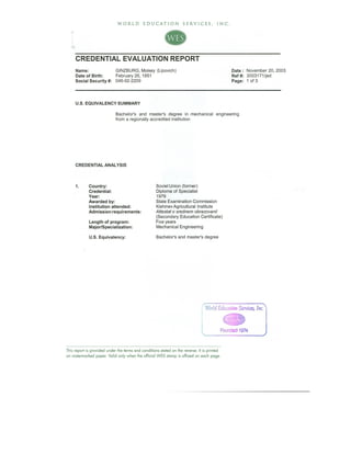 Credential Evaluation Report of World Education Services, Inc. | PDF