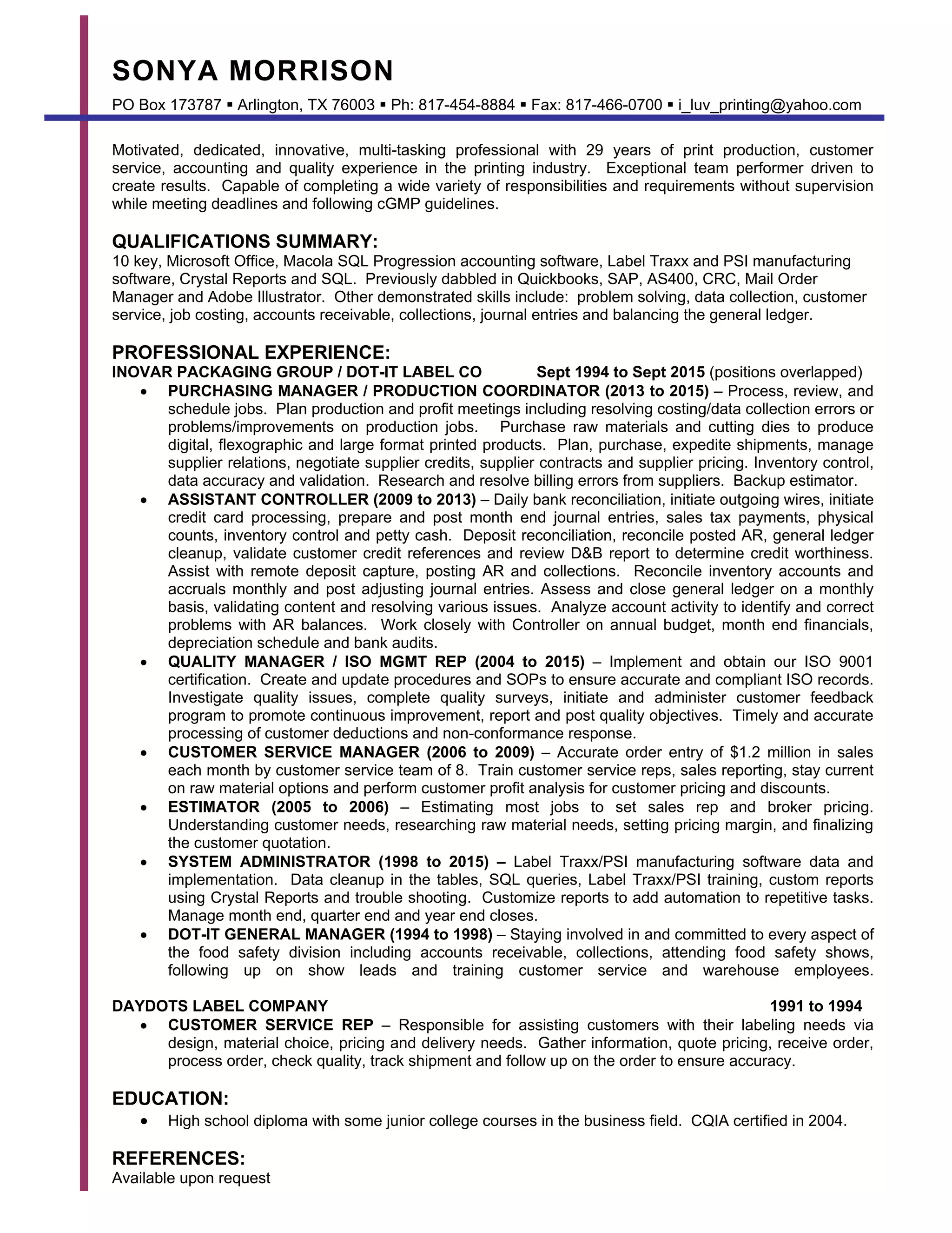 Sonya Morrison resume | PDF