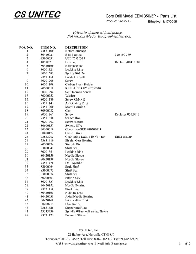 CS Unitec Electric Core Drill Schematics: EBM 300/3PSA | PDF