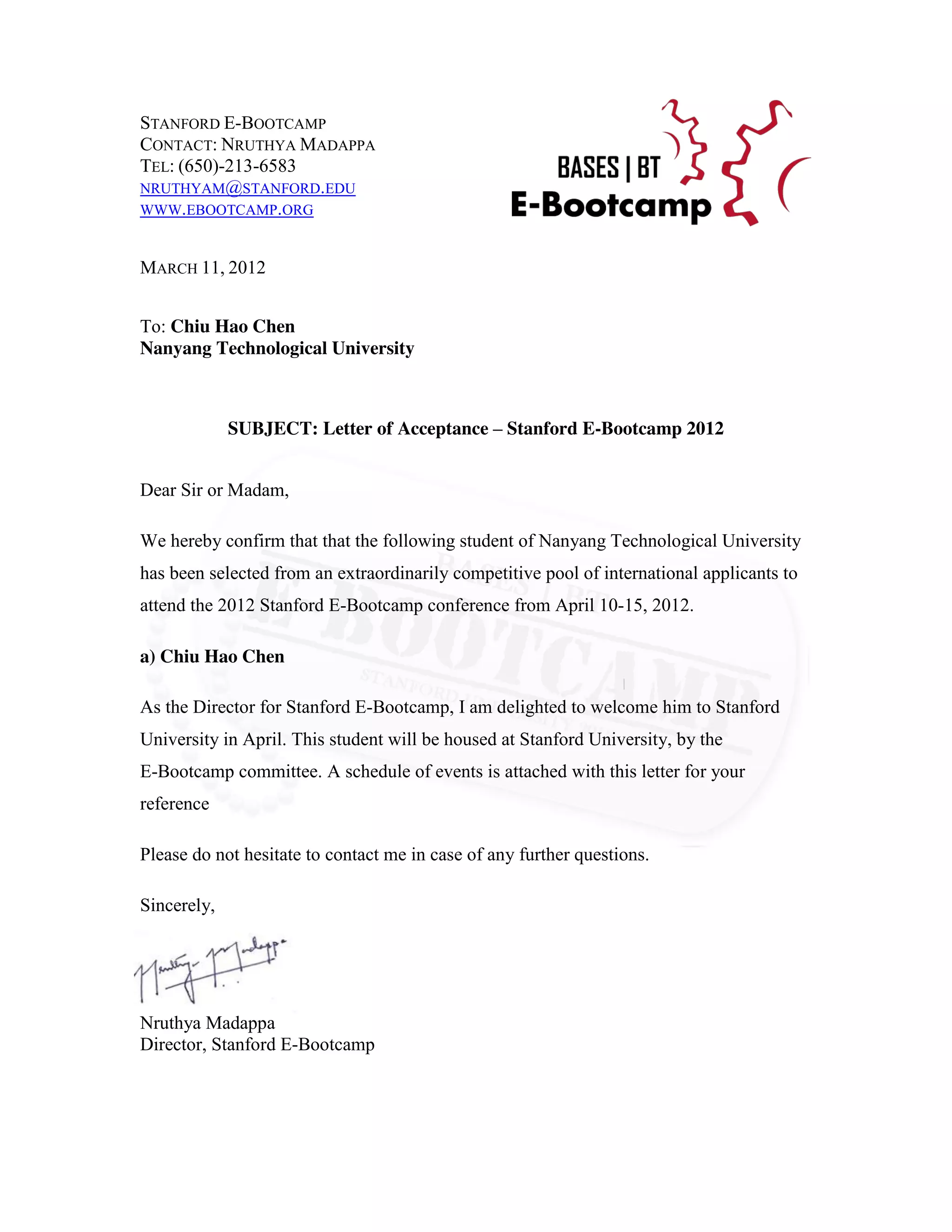 E Bootcamp Acceptance Letter | PDF