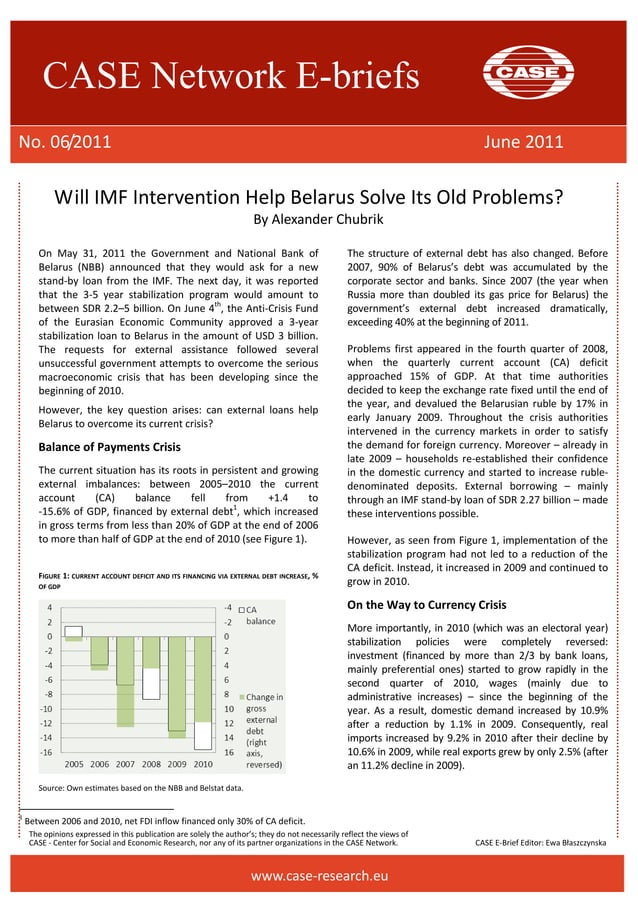 CASE Network E-briefs 6.2011 - Will IMF Intervention Help Belarus Solve Its Old Problems? | PDF