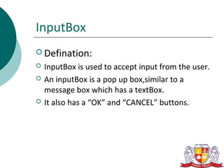 INPUT BOX- VBA | PPT | Computing | Technology & Computing