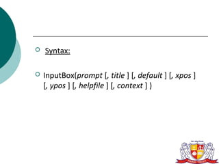 INPUT BOX- VBA | PPT | Computing | Technology & Computing