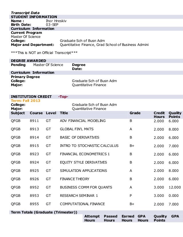 Fordham University Unofficial Transcript