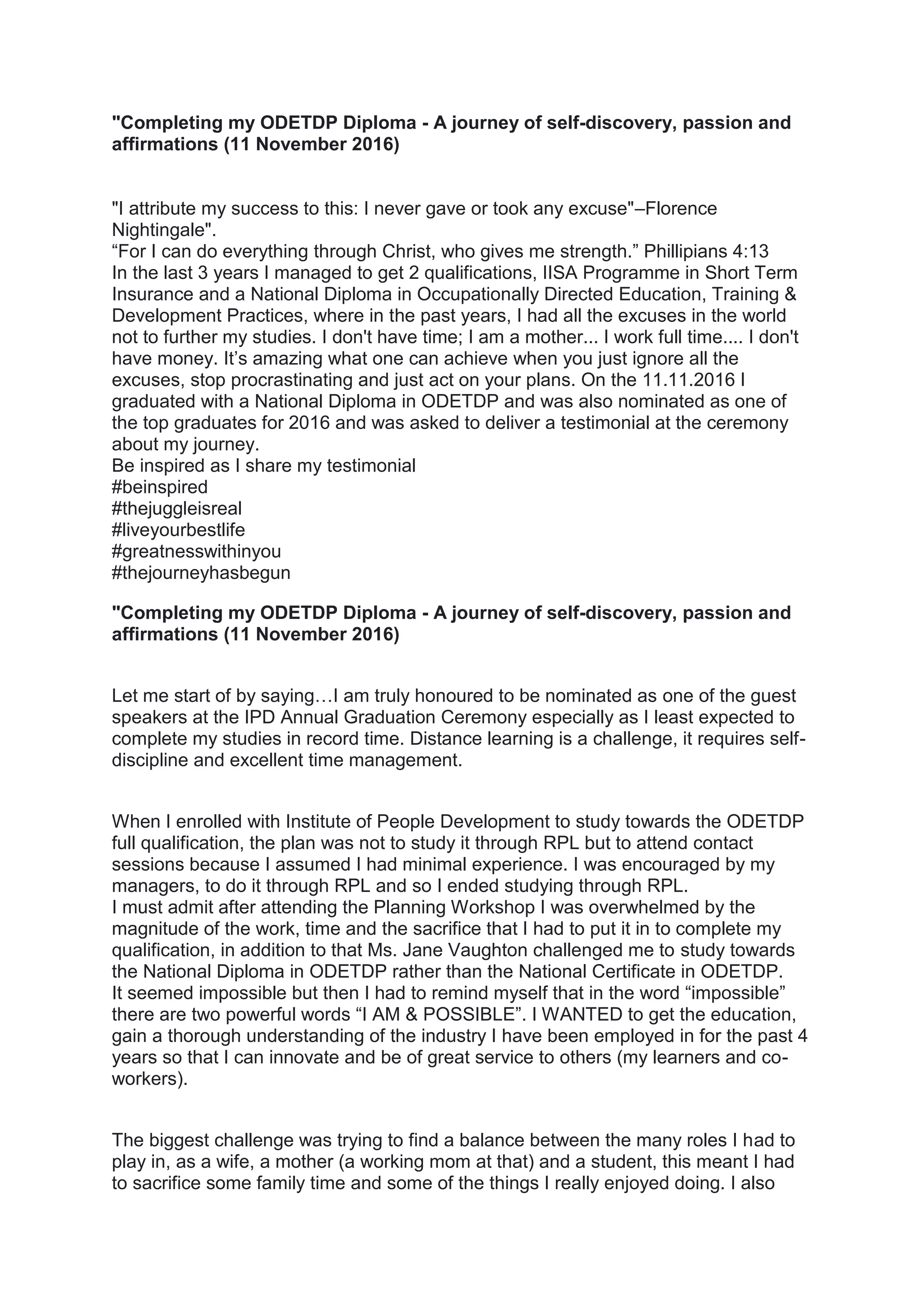 Completing my ODETDP Diploma | PDF