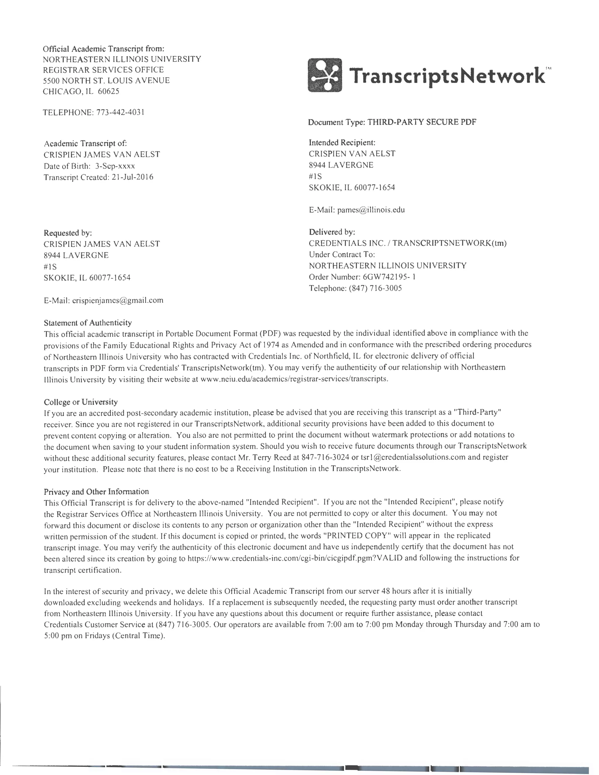 Van Aelst-Northeastern IL Univ. official Transcripts | PDF