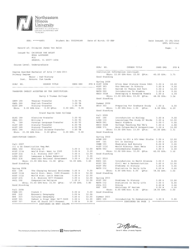 Van Aelst-Northeastern IL Univ. official Transcripts | PDF