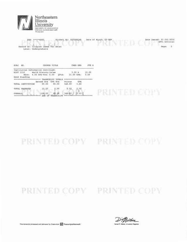 Van Aelst-Northeastern IL Univ. official Transcripts | PDF