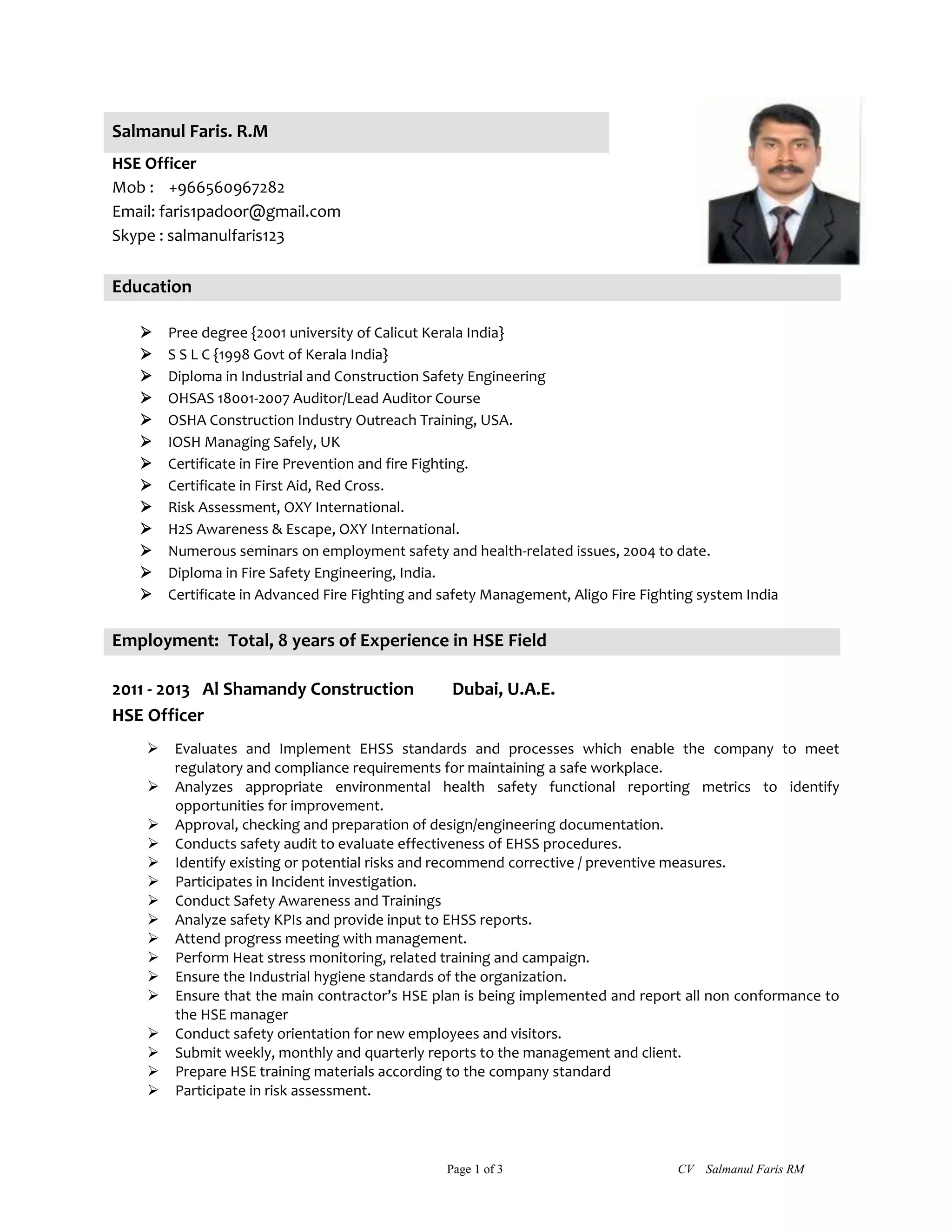 Faris CV for safty aplication-25022015 | DOCX | Civil Engineering Industry | Industries