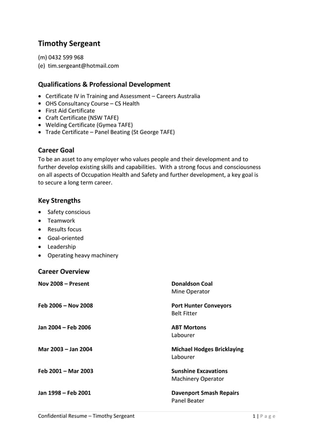 Confidential Resume of Timothy Sergeant | PDF
