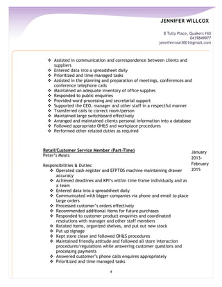 Admin.Reception Resume for Jennifer Willcox | PDF | Resume Writing and ...